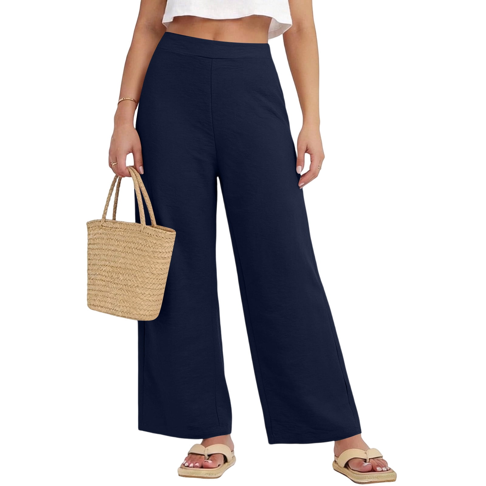 cfhntfmh Cotton Linen Pants for Women Wide Leg Loose High Waisted Pants ...