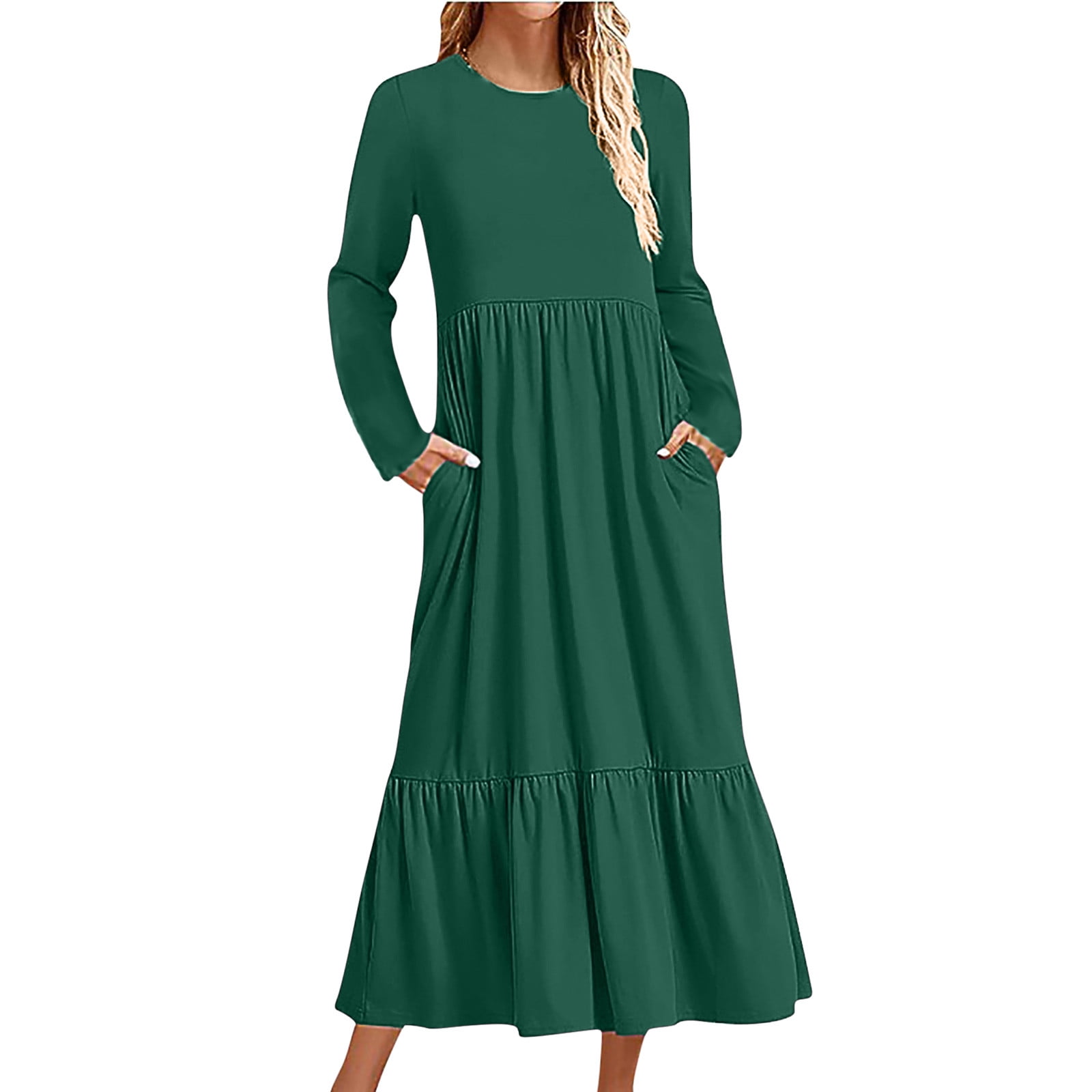 cfhntfmh Flowy Dresses for Women Fall Casual Round Neck Loose Tiered ...
