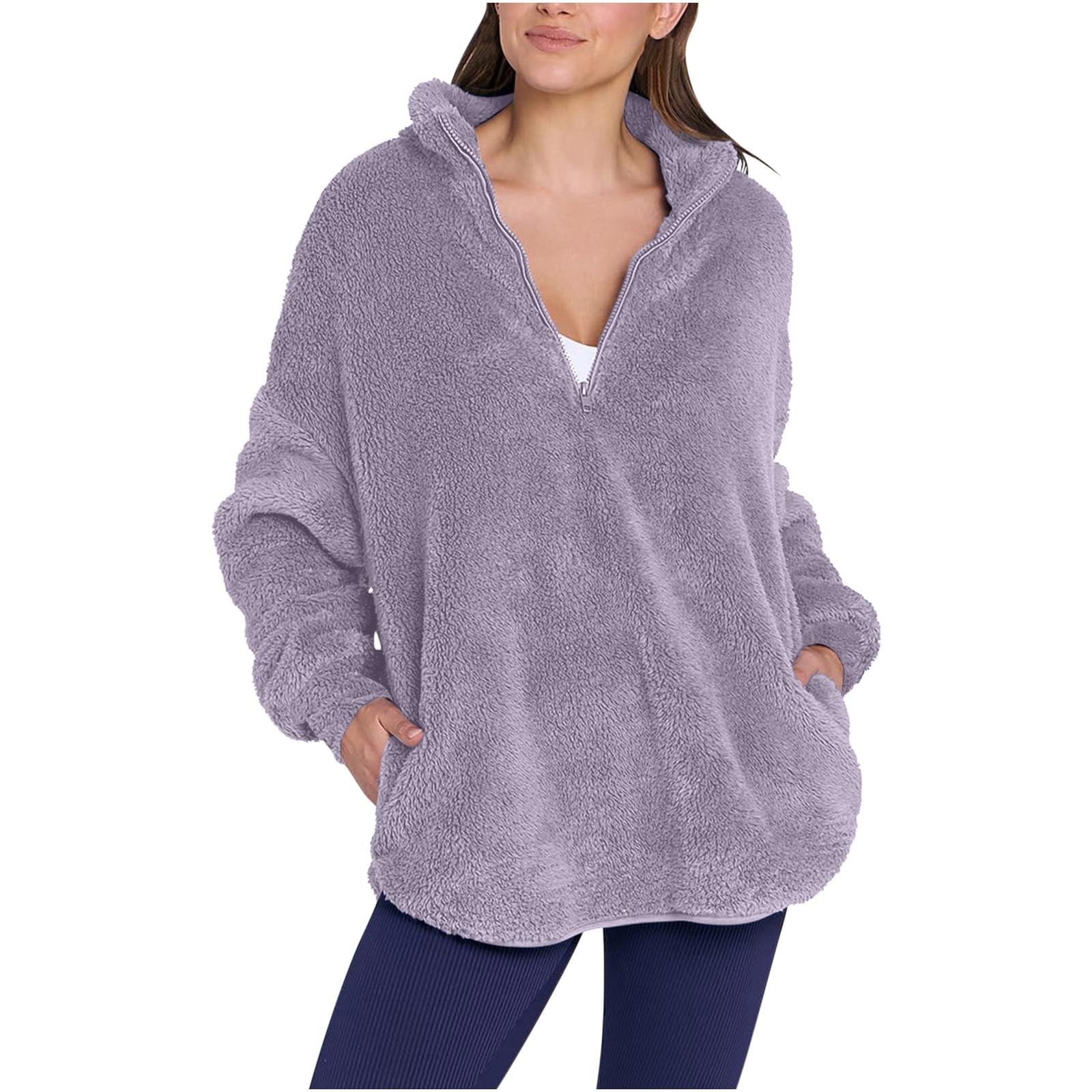 cfhntfmh Fuzzy Sweatshirt for Women Warm Fleece Long Sleeve Oversized Shirts Winter Fashion Half ...