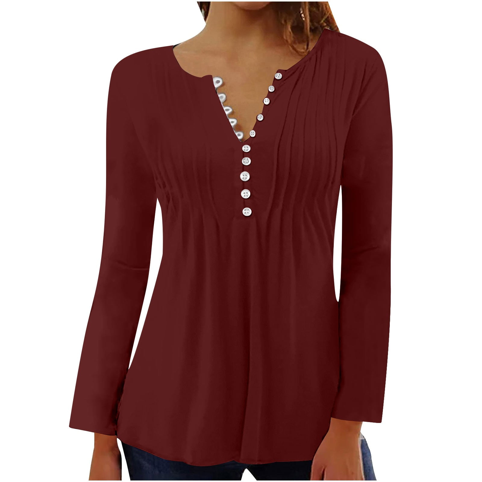 cfhntfmh Long Sleeve Shirts for Women Casual V Neck Buttons Dressy ...