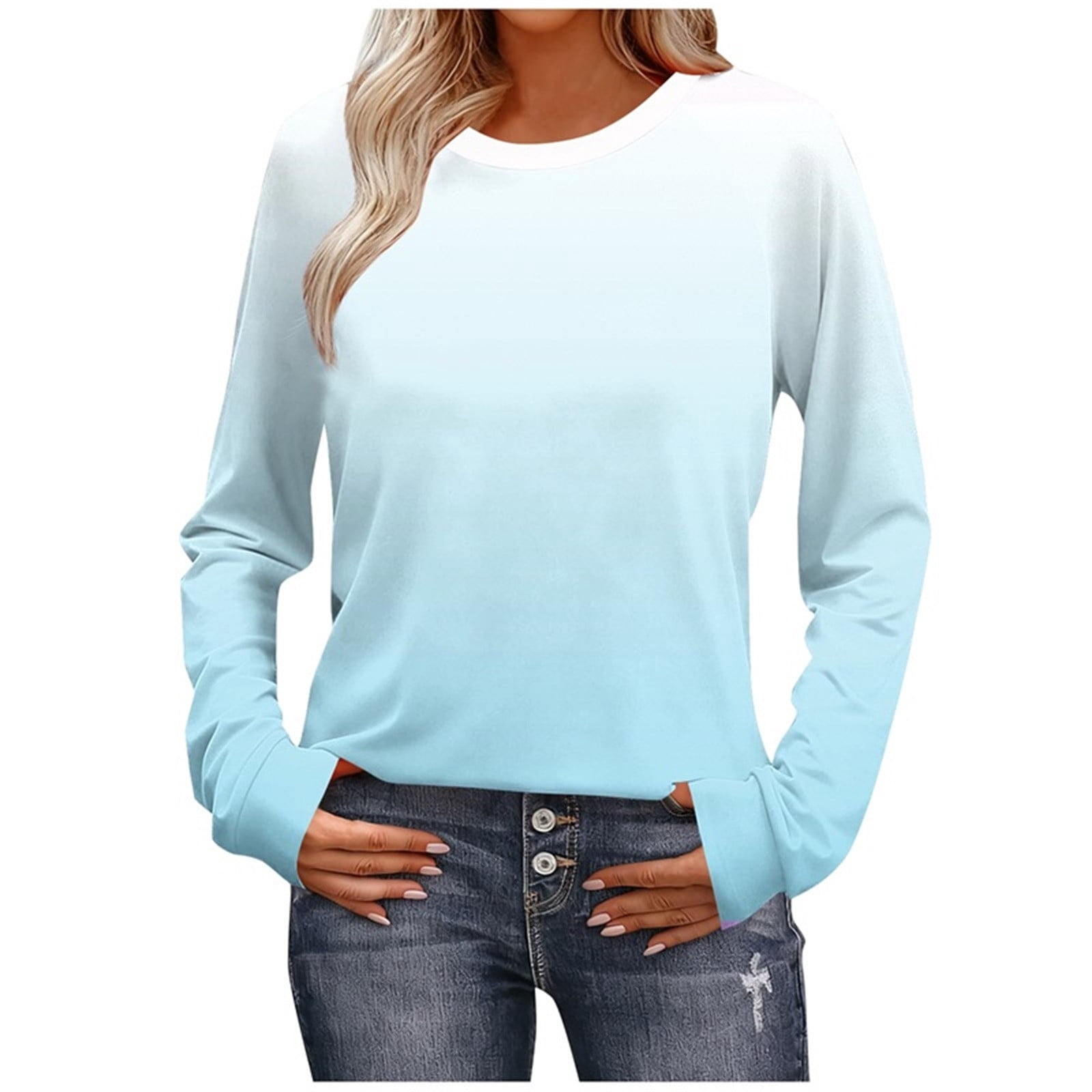 cfhntfmh Long Sleeve Shirts for Women Crew Neck T Shirts Gradient Color ...