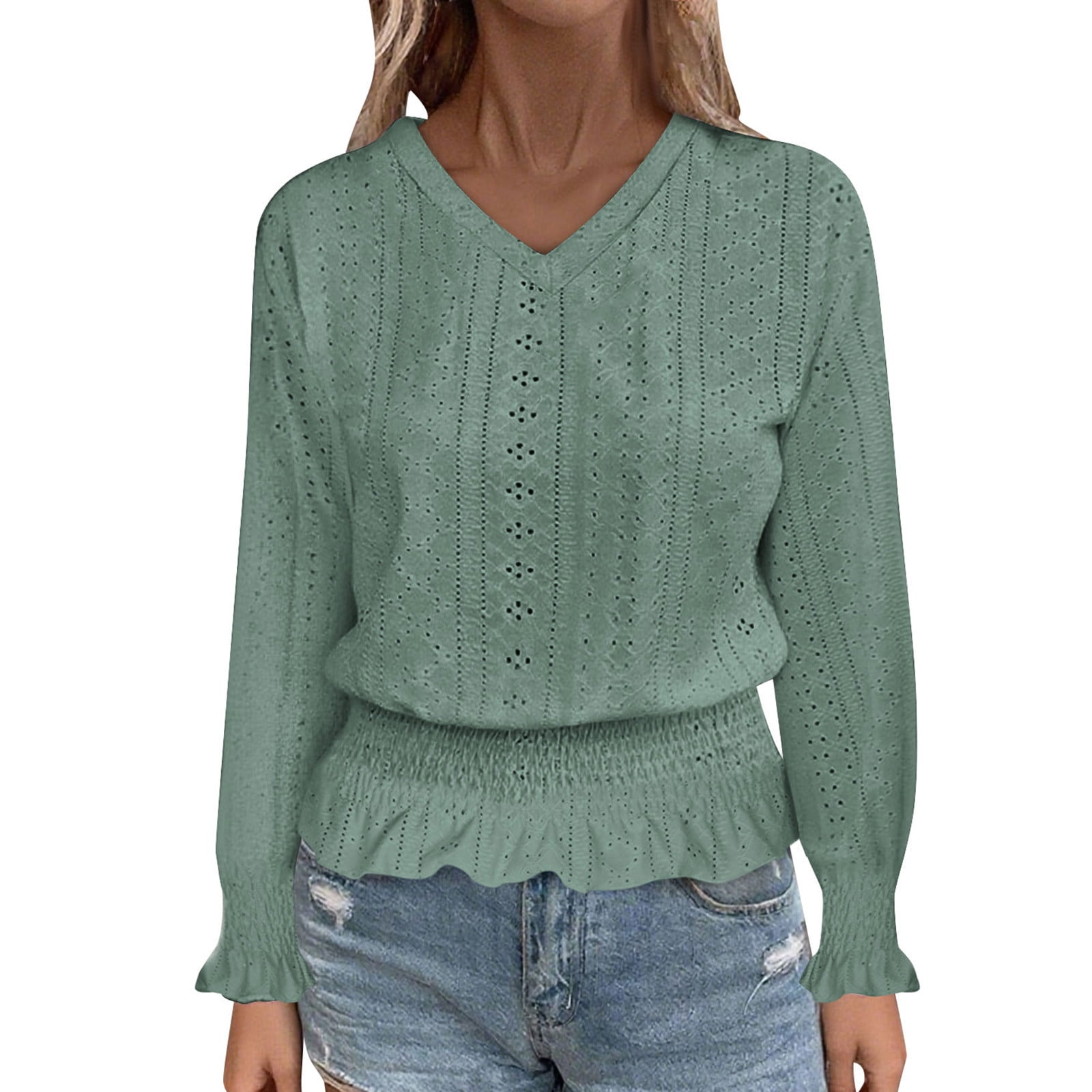 cfhntfmh Long Sleeve Tops for Women Casual Eyelet Smocked Ruffle Shirts ...
