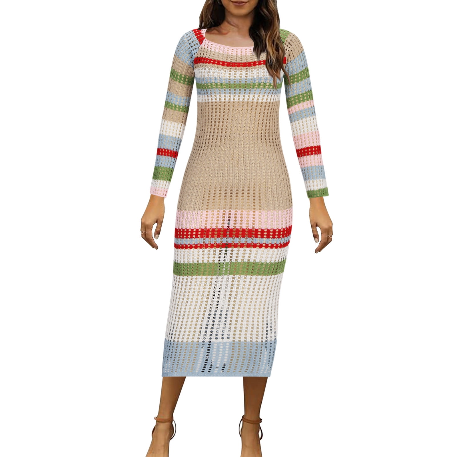 cfhntfmh Maxi Dresses for Women Casual Scoop Neck Long Sleeve Knit ...