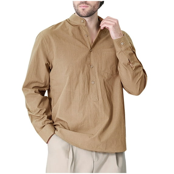 cfhntfmh Men's Cotton Henley Shirts Long Sleeve Collarless T-Shirts ...