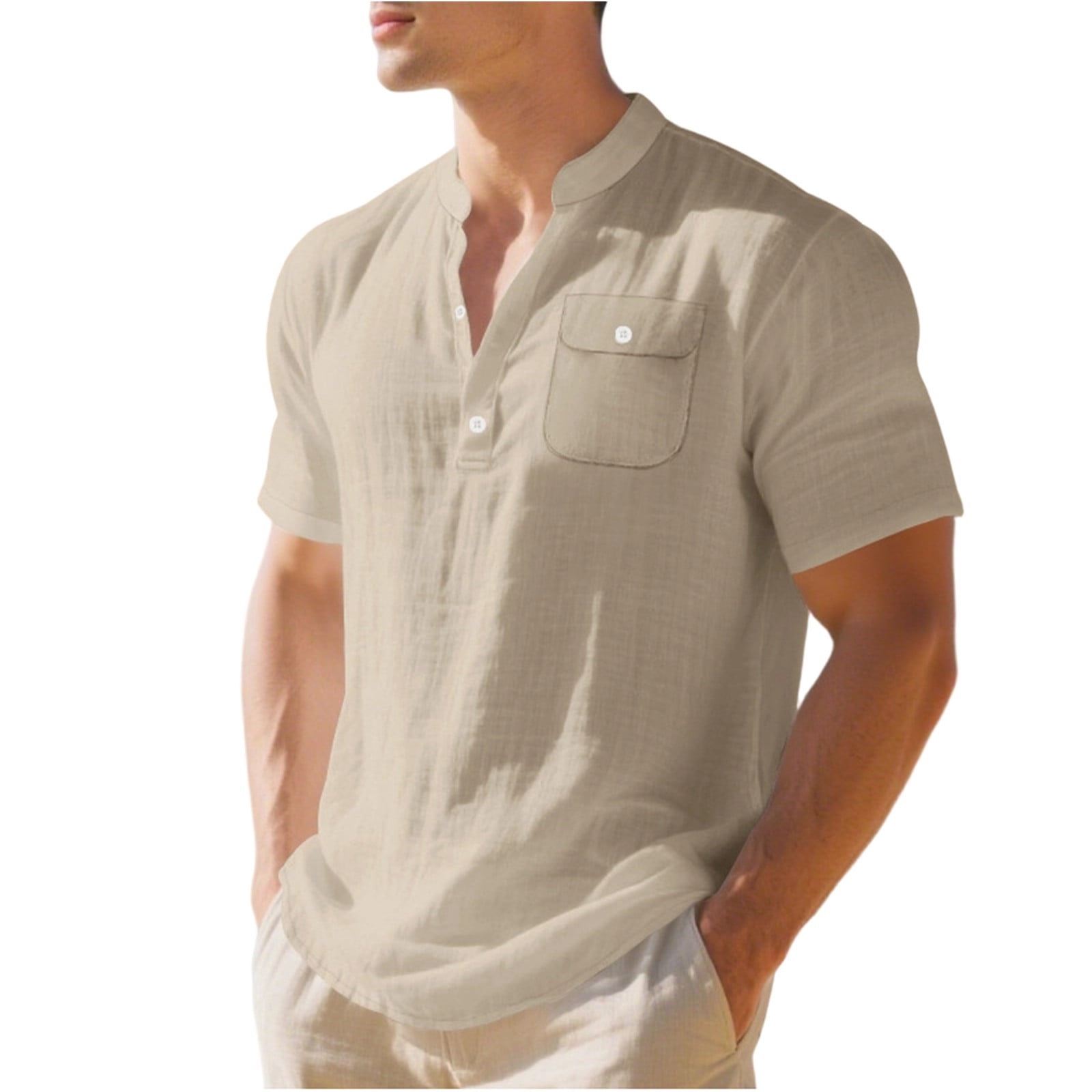 cfhntfmh Men's Cotton Linen Henley Shirt Short Sleeve Casual Beach T ...