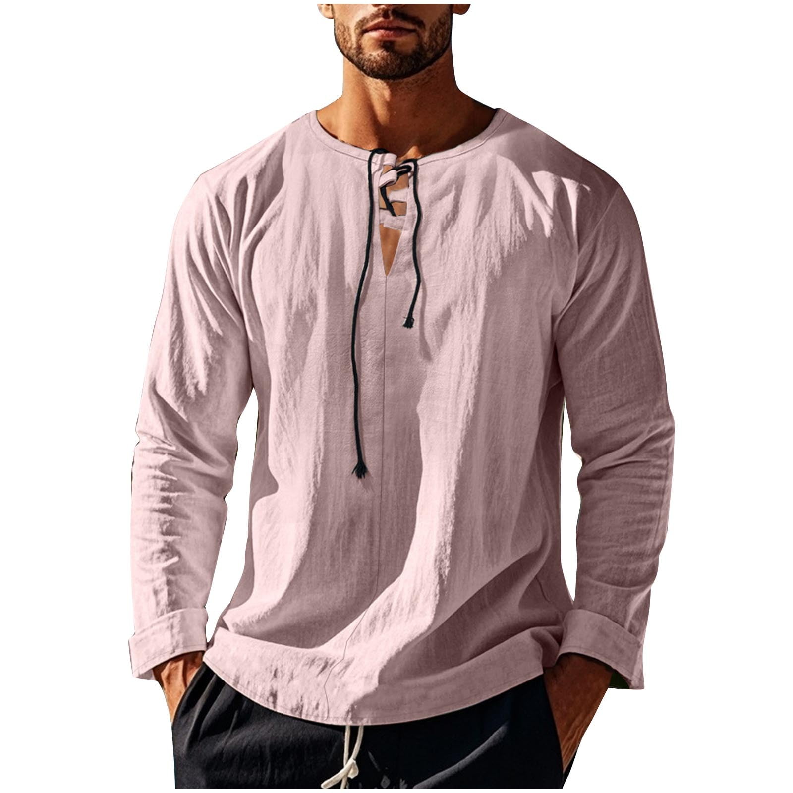 cfhntfmh Men's Linen Shirts Long Sleeve Casual V Neck Shirts for Men ...