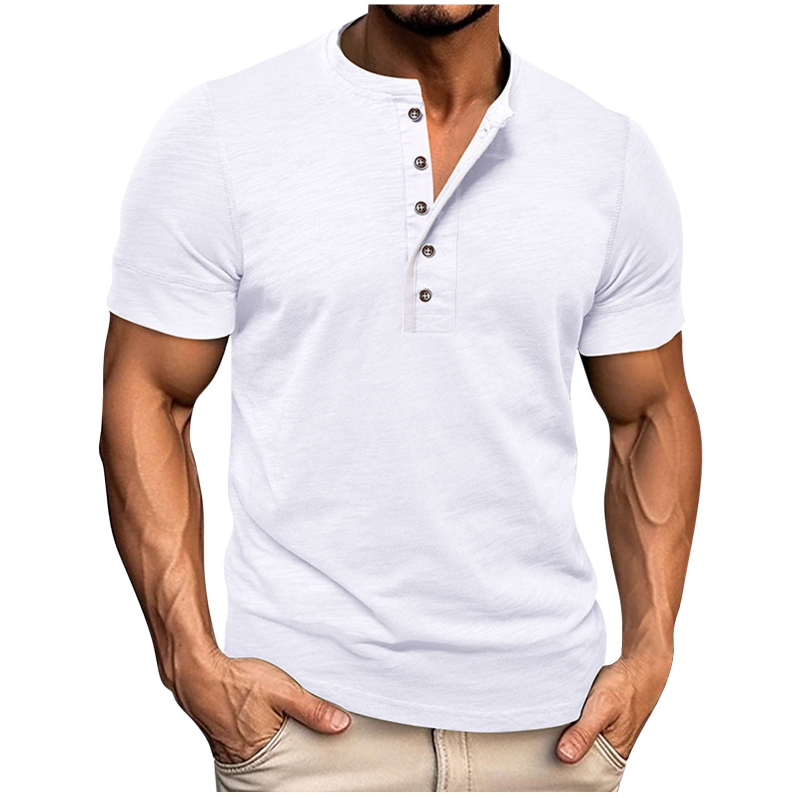 cfhntfmh Men's Short Sleeve Shirts Summer Button up Cotton T-Shirt Big ...