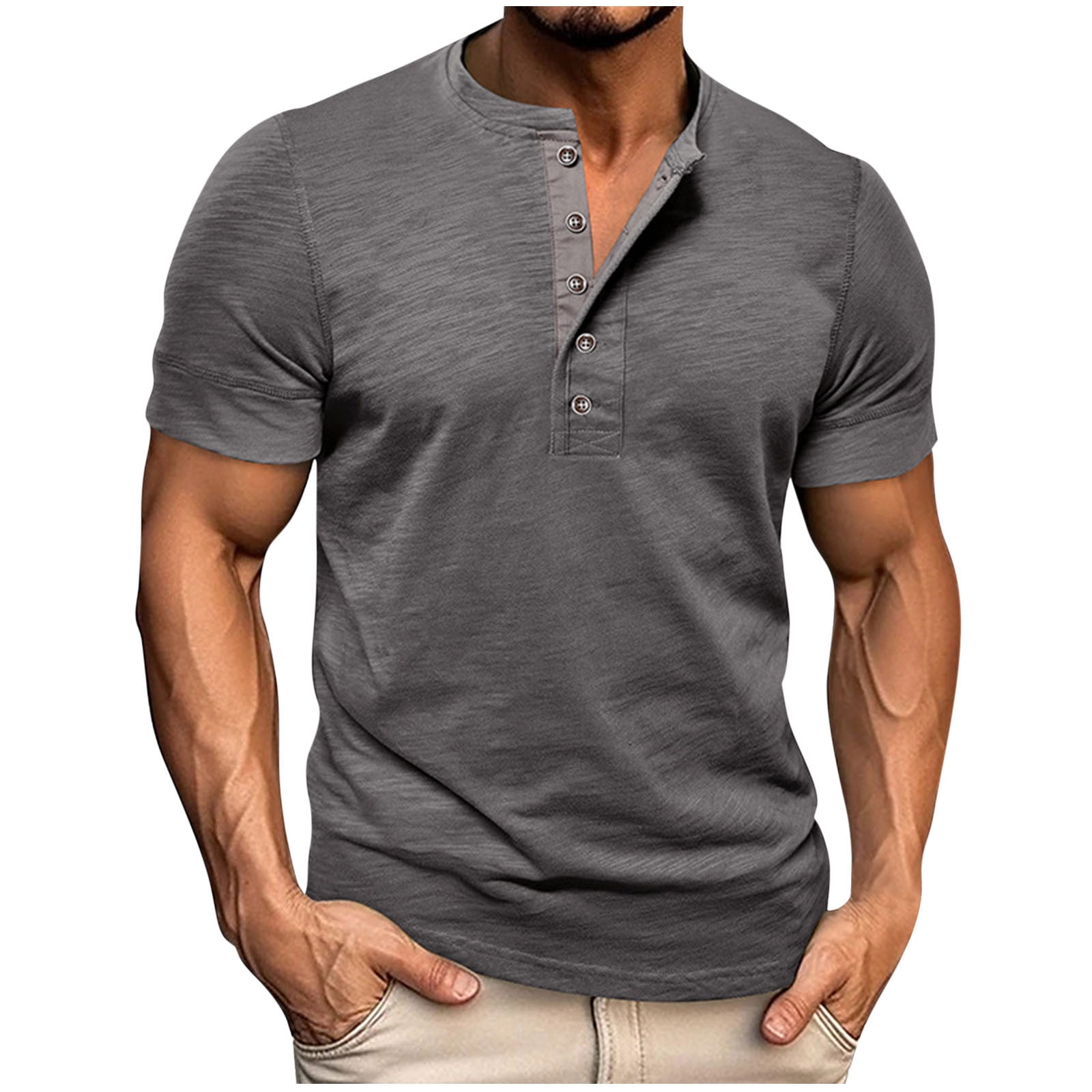 cfhntfmh Men's Short Sleeve Shirts Summer Button up Cotton T-Shirt Big ...