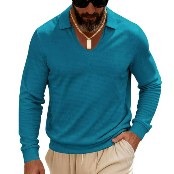 cfhntfmh Mens Long Sleeve Shirt Lightweight Lapel V Neck Tees Business ...