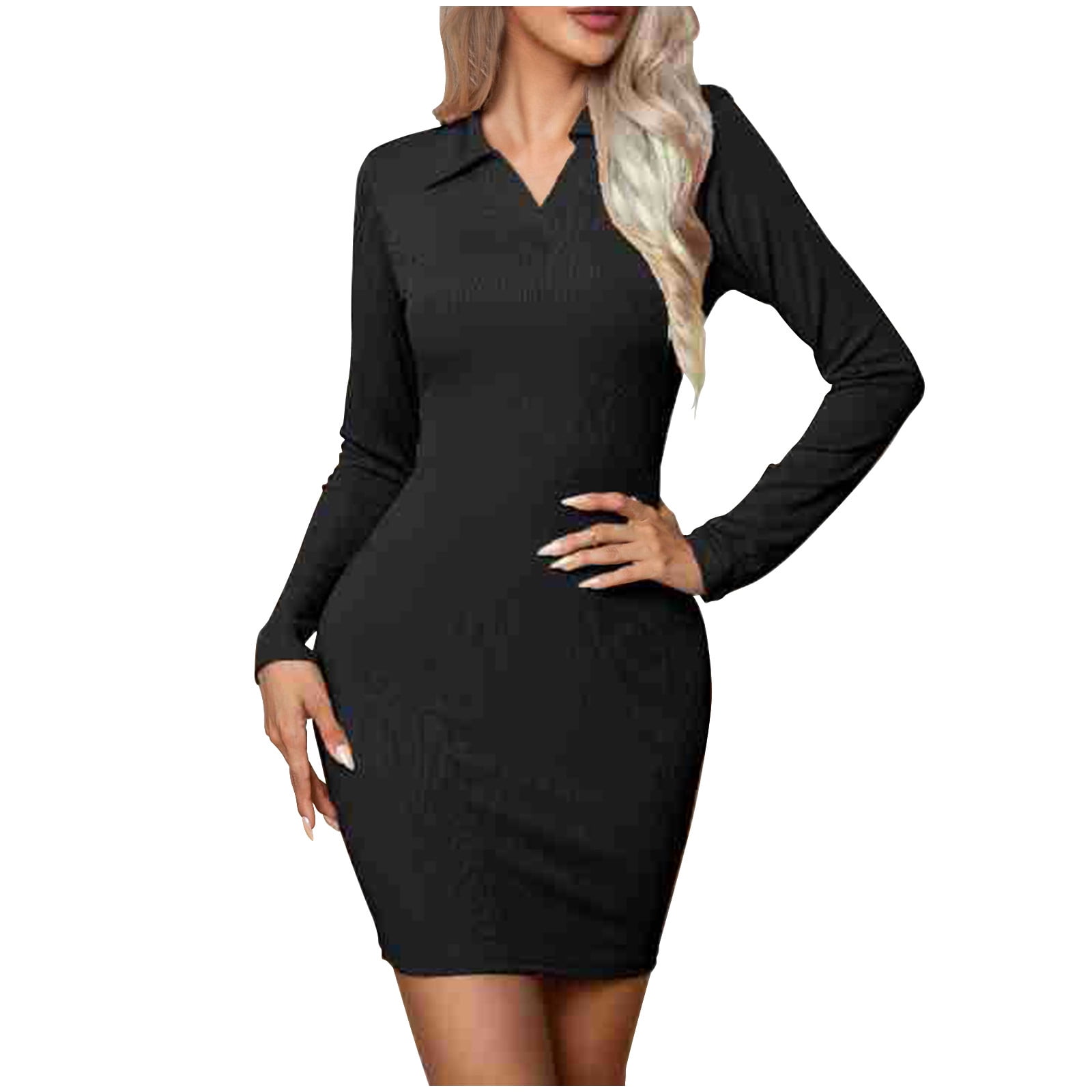 cfhntfmh Mini Dresses for Women Casual Ribbed V Neck Collared Long ...