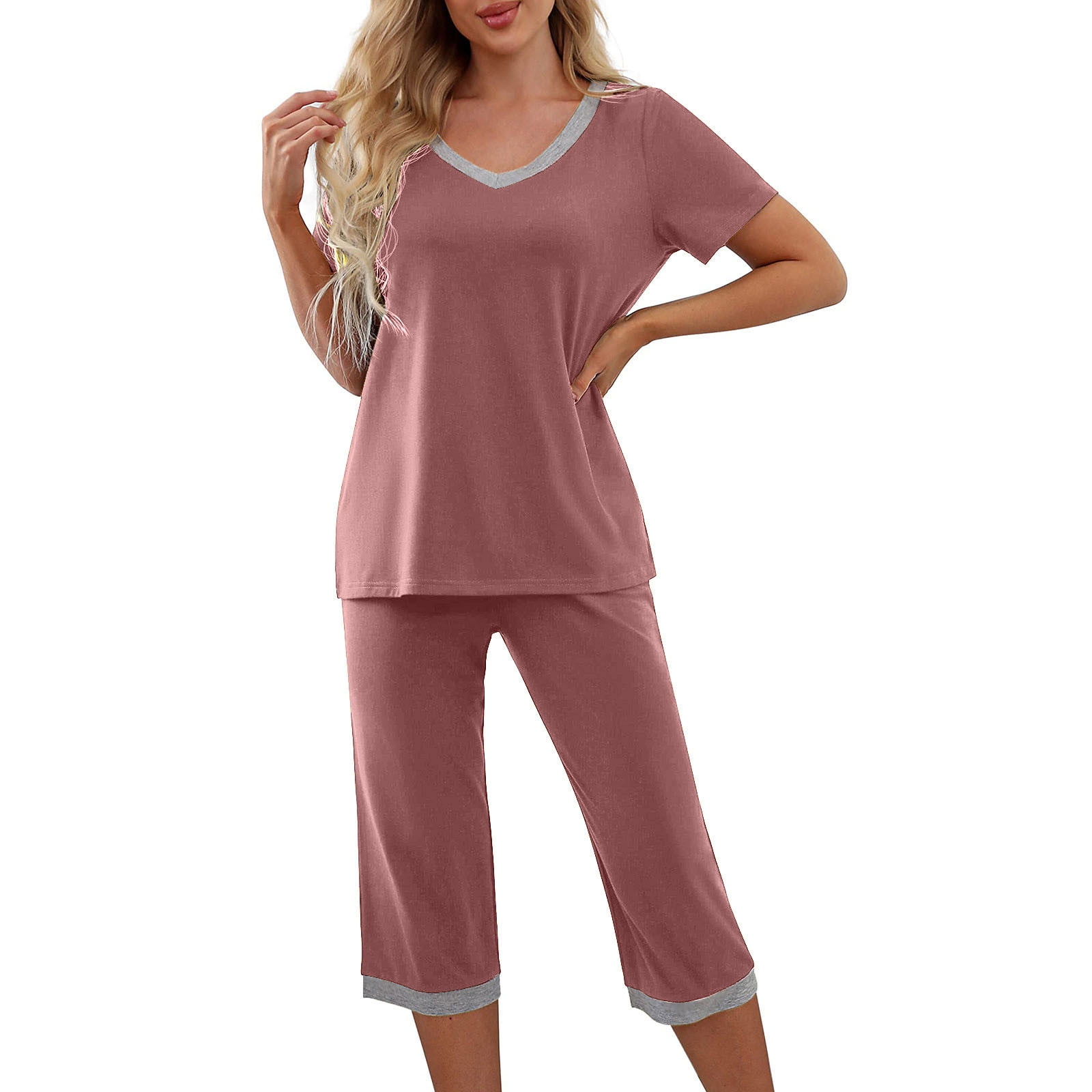 cfhntfmh Pajama Set for Women 2 Piece Outfits Loungewear Short Sleeve Tops Capri Pants Tracksuit ...
