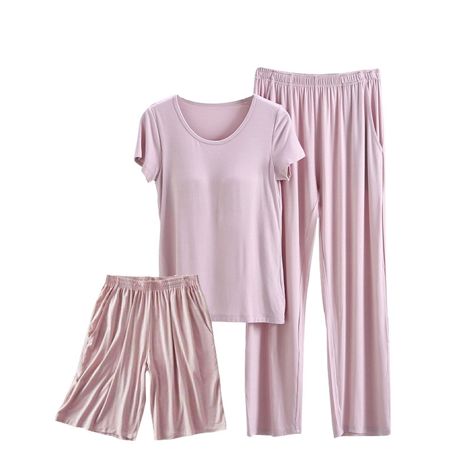 cfhntfmh Pajama Sets for Women 3 Piece Outfit Short Sleeve Tees Shorts ...