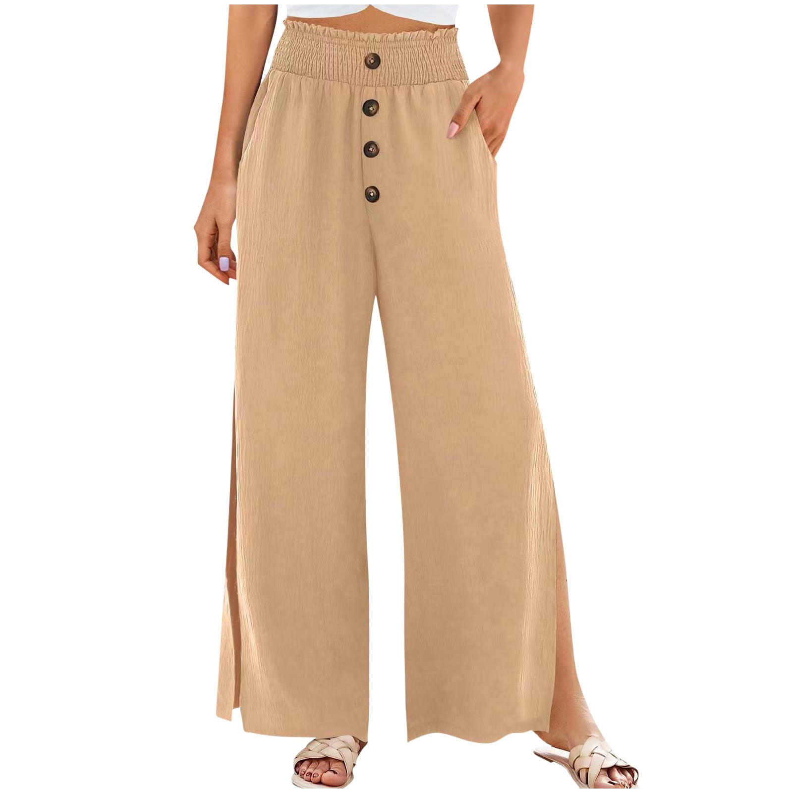 cfhntfmh Palazzo Pants for Women Fashion High Waist Buttons Smocked ...