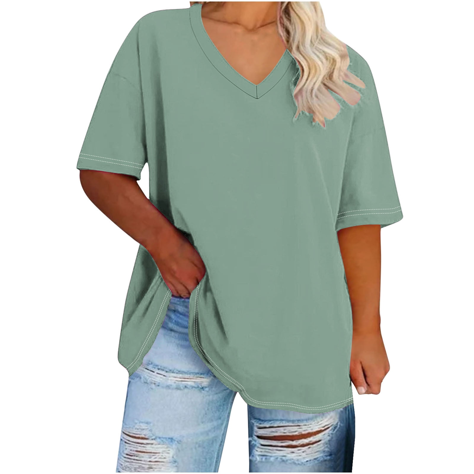 cfhntfmh Plus Size Tops for Women Oversized Short Sleeve V Neck Comfy ...