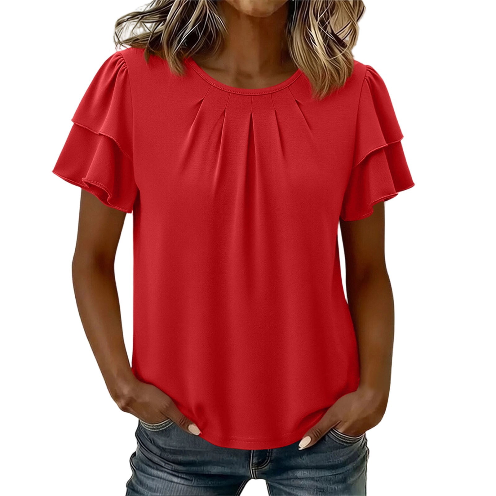 cfhntfmh Ruffle Short Sleeve Tops for Women Pleated Crew Neck Shirts ...