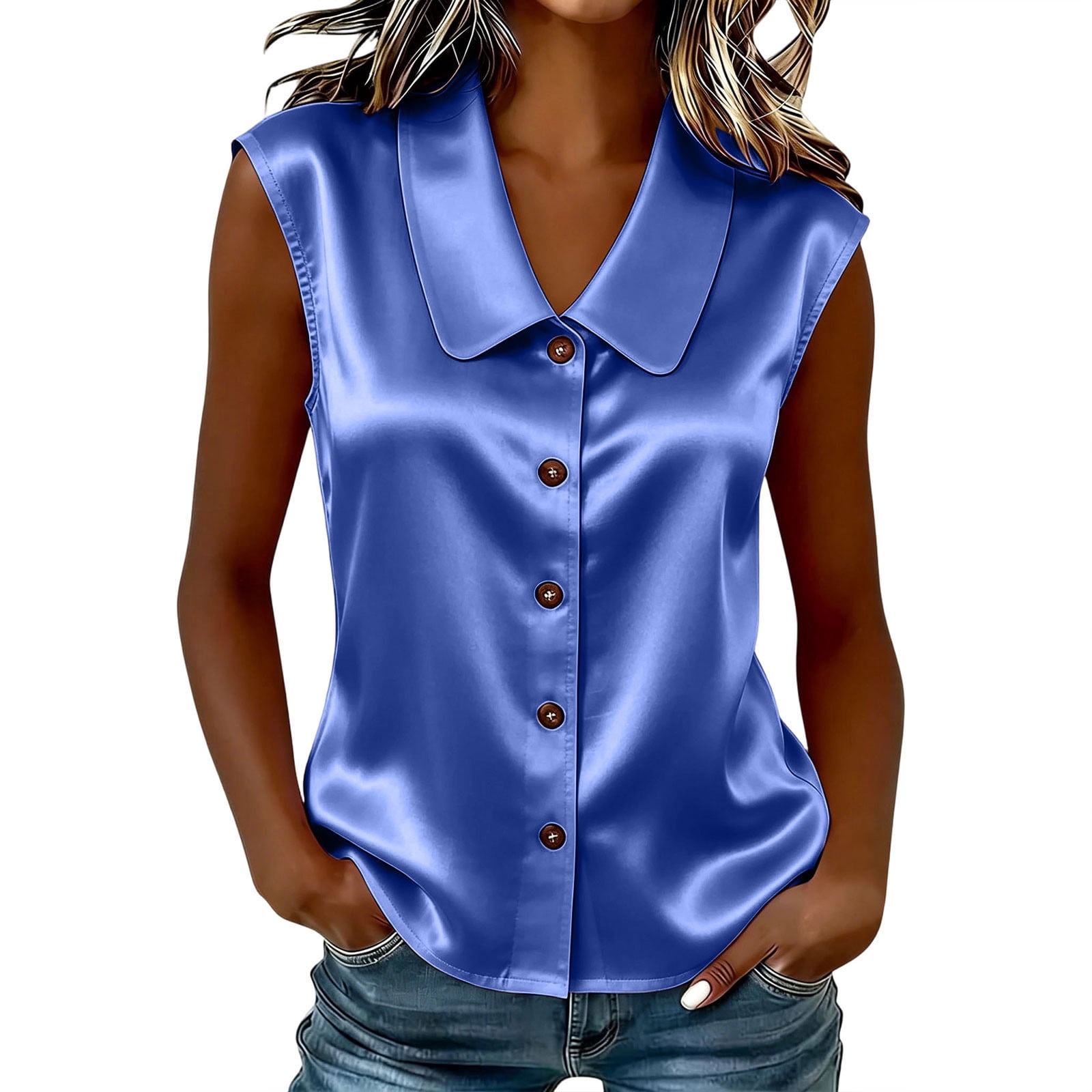 cfhntfmh Satin Shirts for Women Sleeveless Button down Casual Tops V ...
