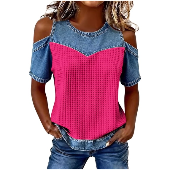 cfhntfmh Shirts for Women Denim Patchwork Cold Shoulder Tops Round Neck ...