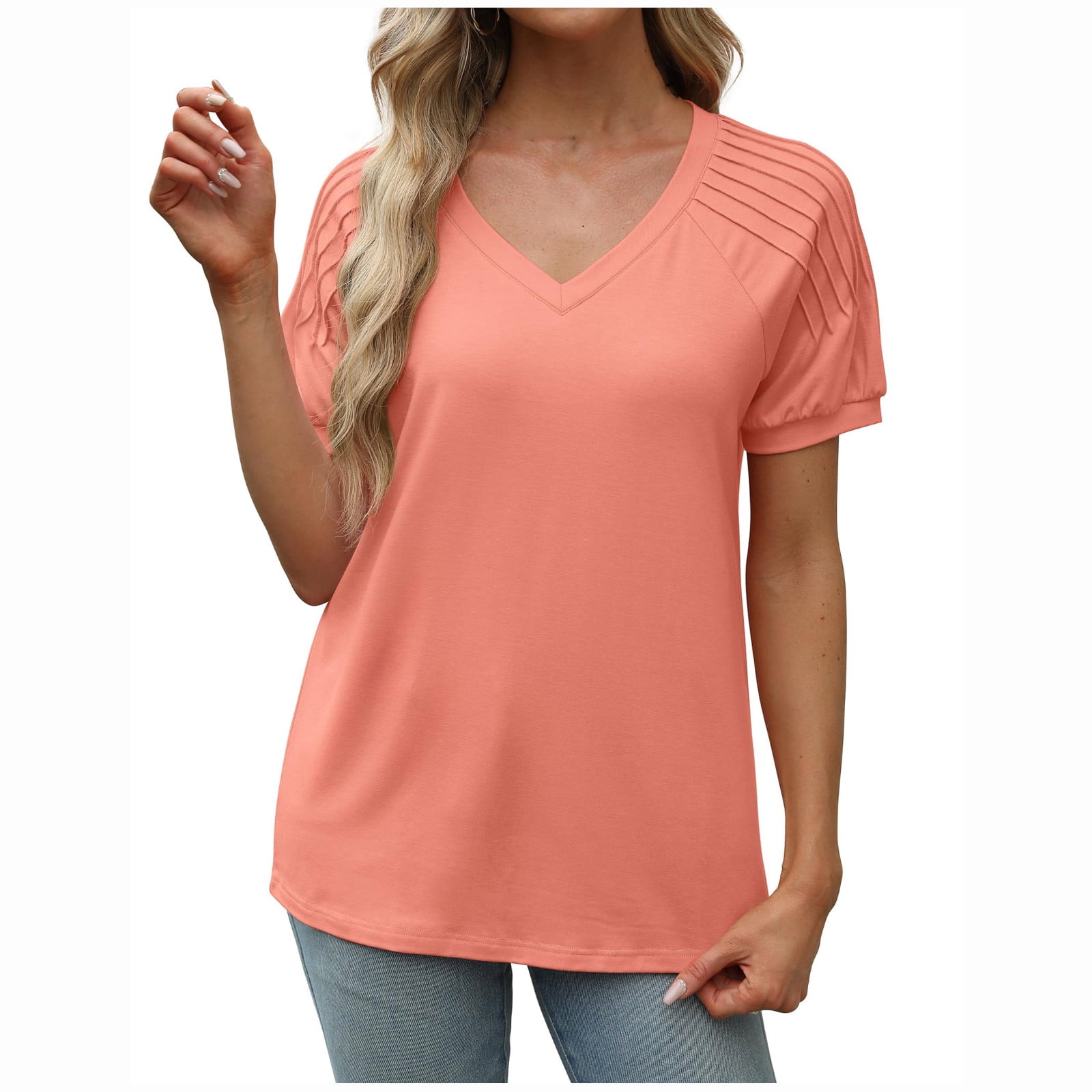 cfhntfmh Short Sleeve Pleated Tops for Women Fashion V Neck T-Shirt ...
