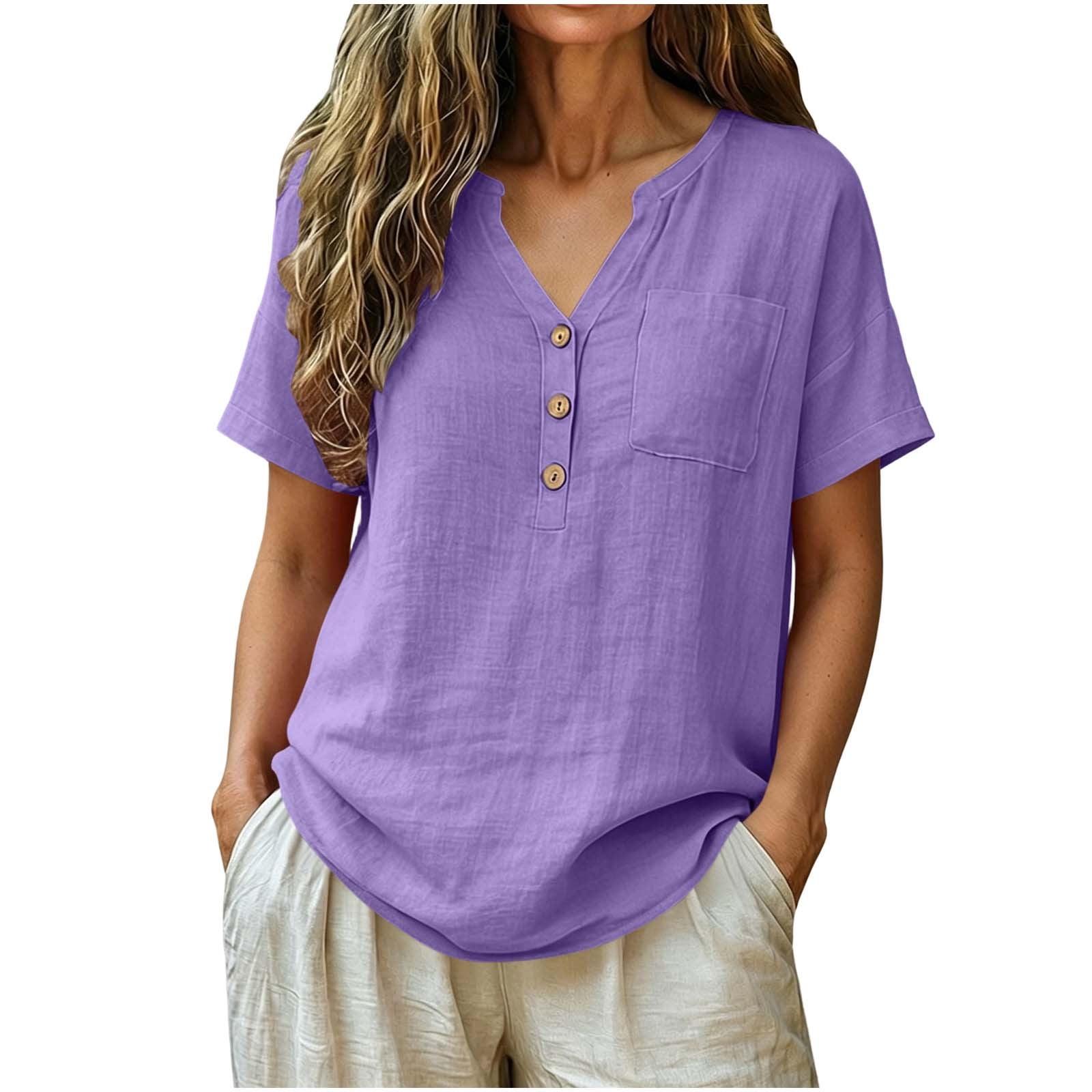 cfhntfmh Short Sleeve Tops for Women Cotton Linen V Neck Casual Loose ...