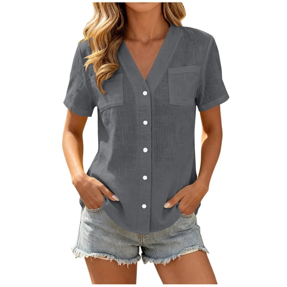 cfhntfmh Short Sleeve Tops for Women V Neck Button down Shirt with ...