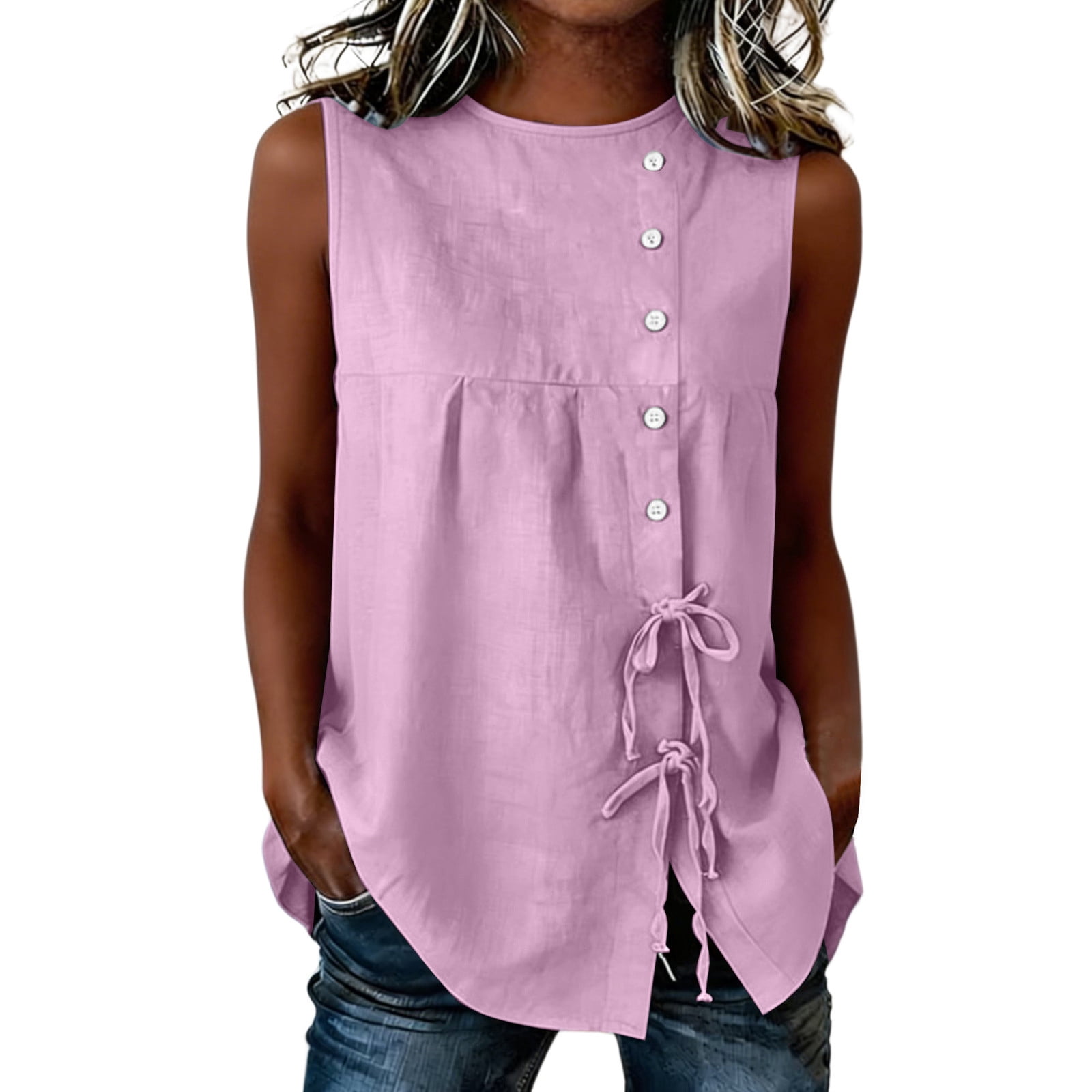 cfhntfmh Sleeveless Tops for Women Round Neck Bow Tie Casual Summer ...