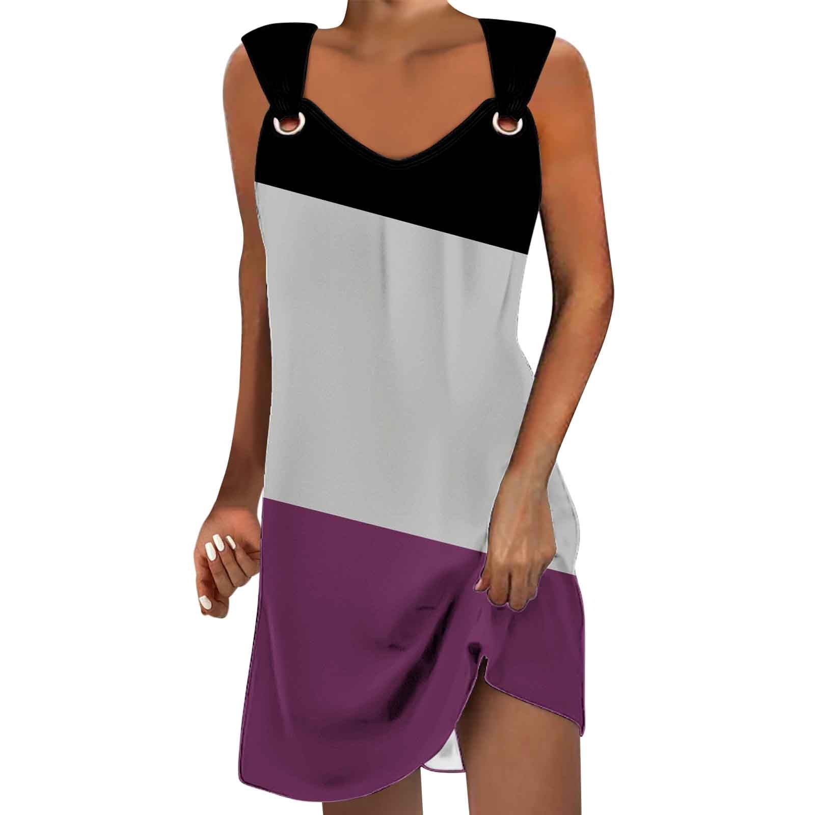 cfhntfmh Summer Casual Dress for Women Color Block Adjustable Strap ...