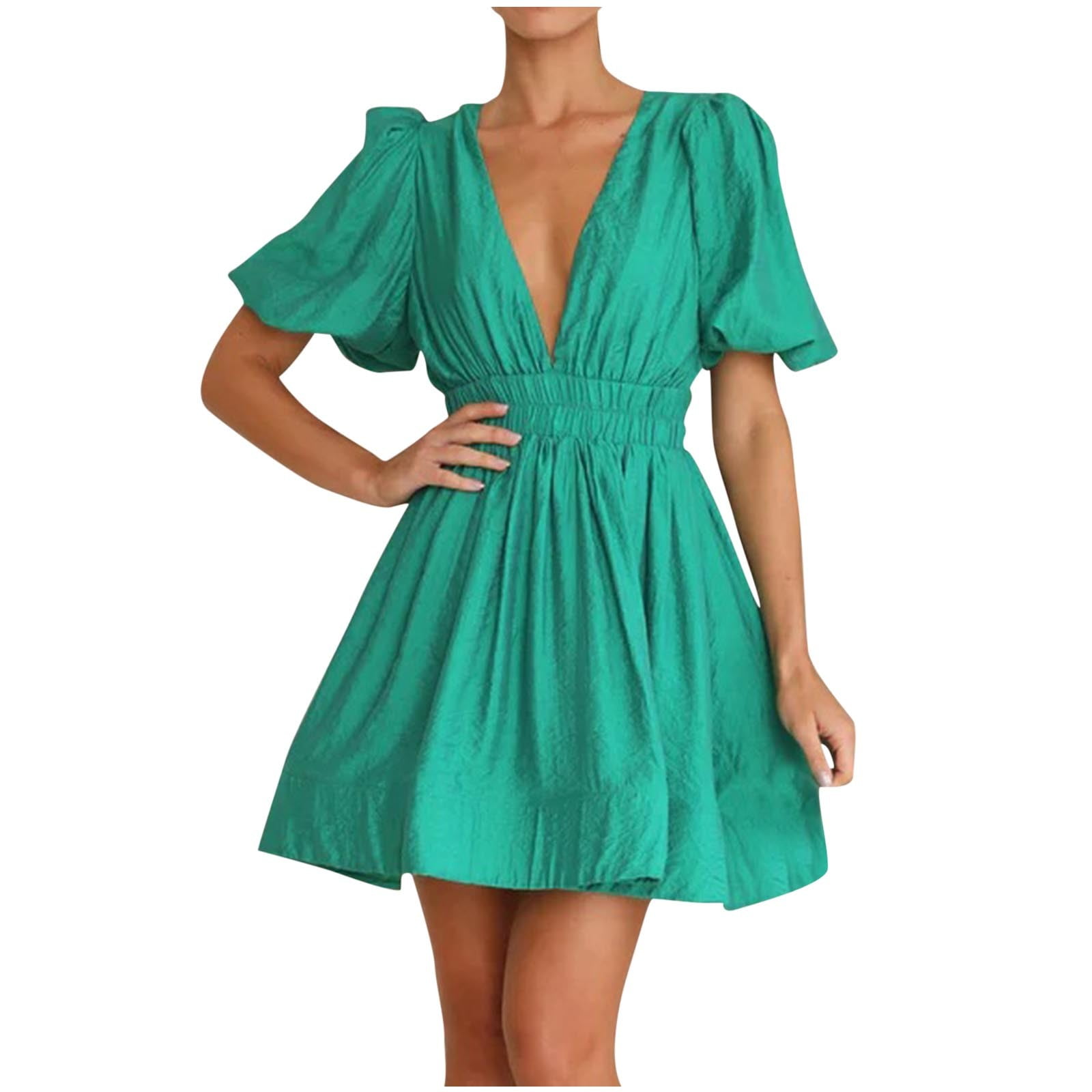 cfhntfmh Summer Dresses for Women 2024 Puff Half Sleeve Deep V Neck ...