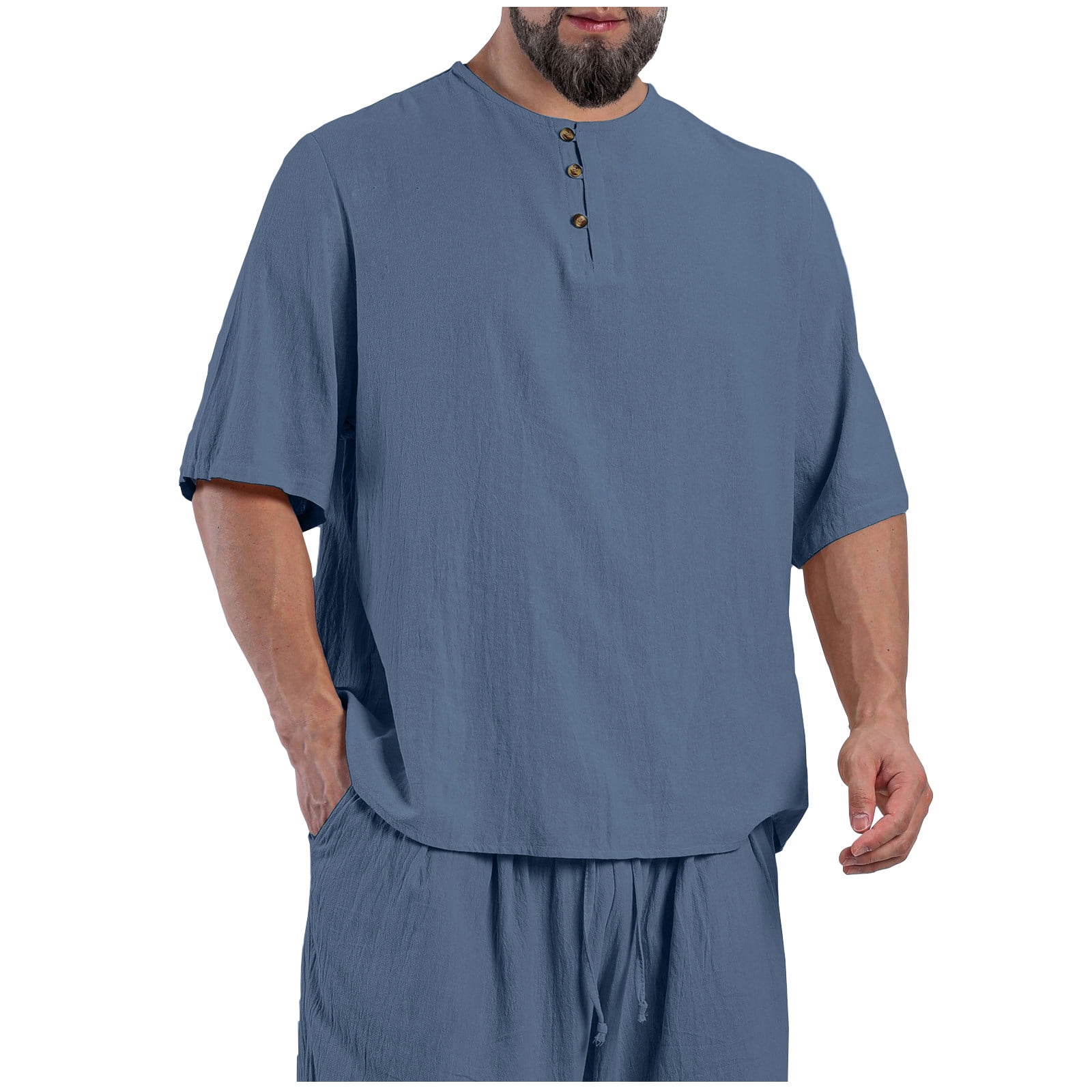 cfhntfmh Summer Shirts for Men Round Neck Buttons Casual T-Shirts Loose ...