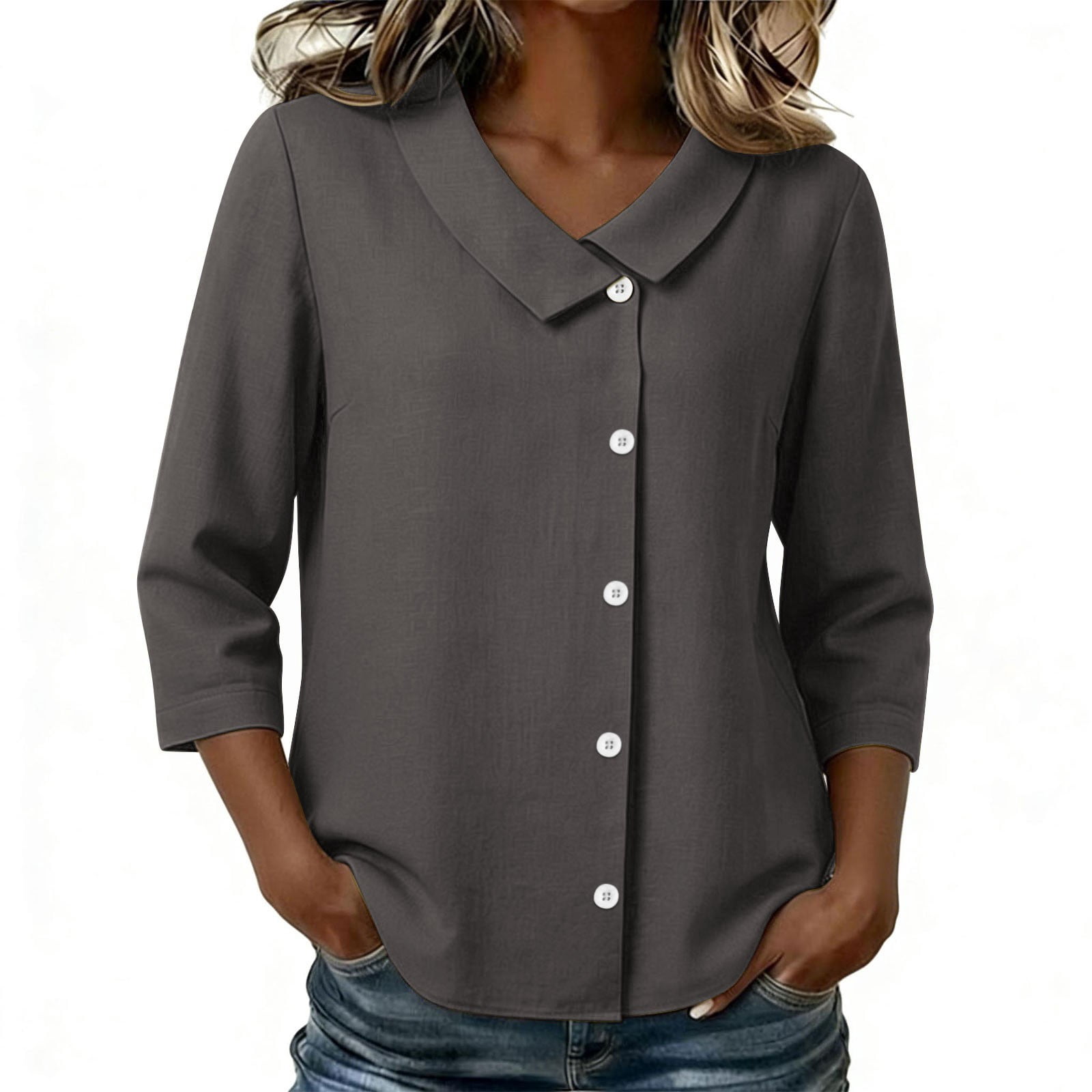 cfhntfmh Summer Tops for Women Button down 3/4 Sleeve Shirts V Neck ...