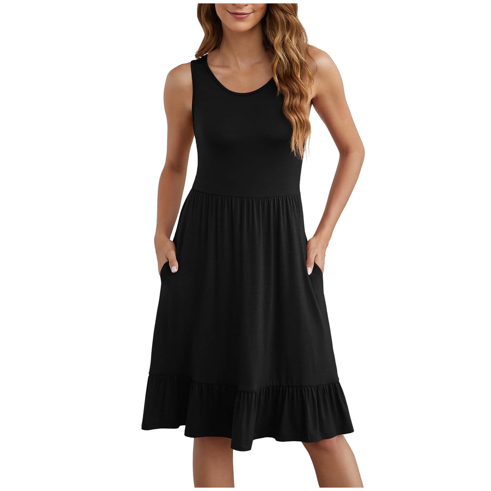cfhntfmh Sundresses for Women Casual Plain Tiered Ruffle Tank Dress ...