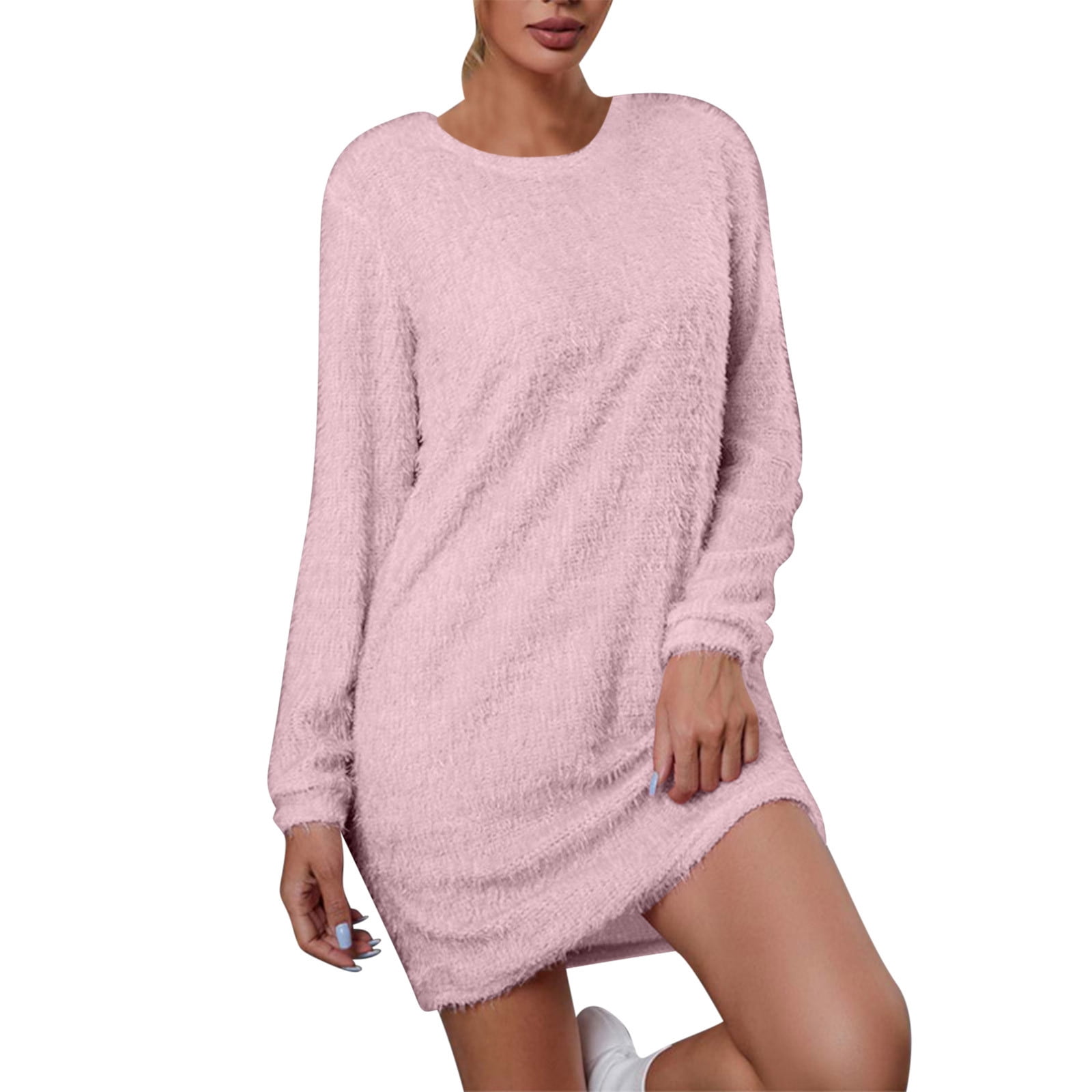 cfhntfmh Sweater Dresses for Women Comfy Fuzzy Crewneck Long Sleeve ...