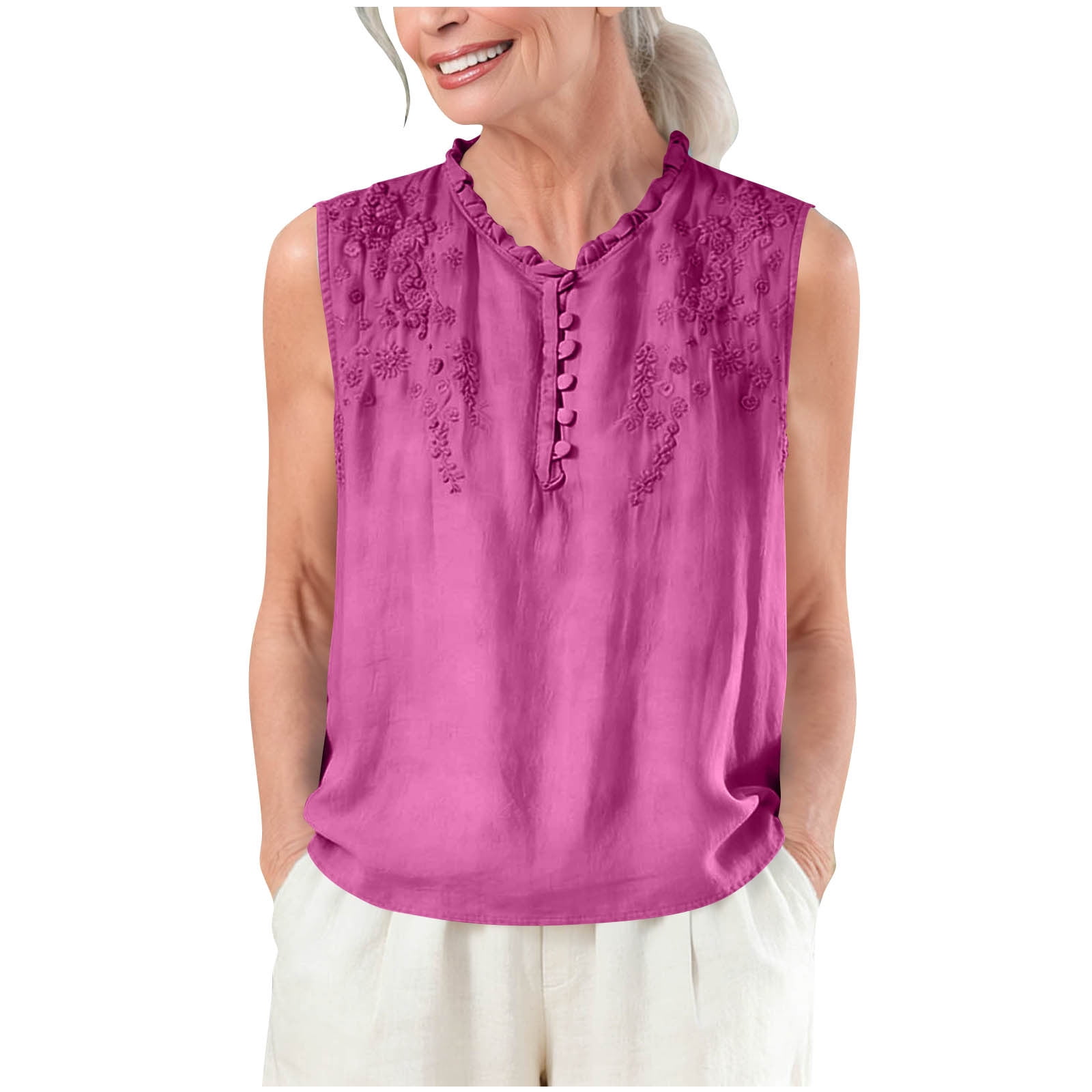 cfhntfmh Tank Tops for Women Summer Sleeveless Rufffle Trim Crew Neck ...