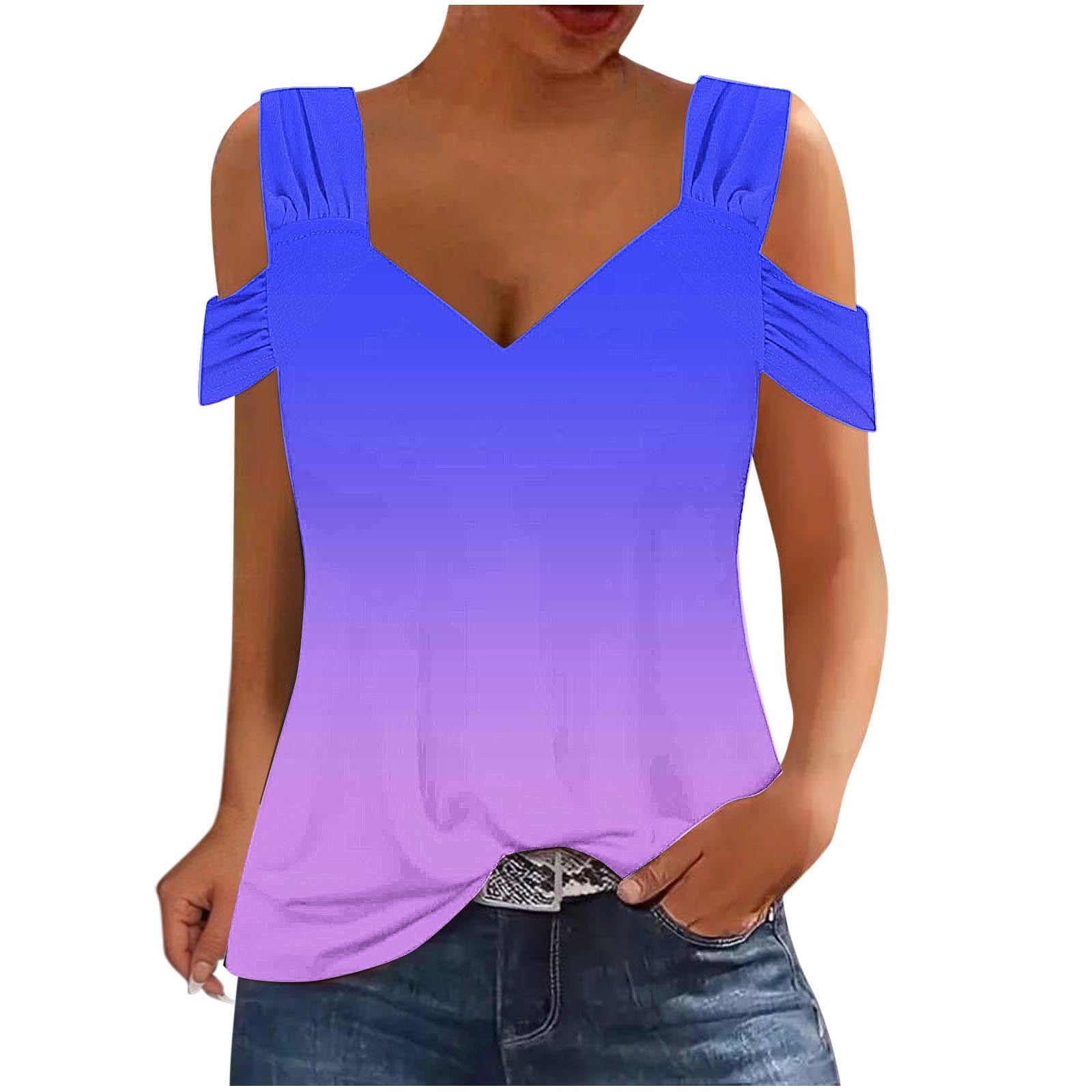 cfhntfmh Tops for Women Trendy Cold Shoulder V Neck Short Sleeve ...