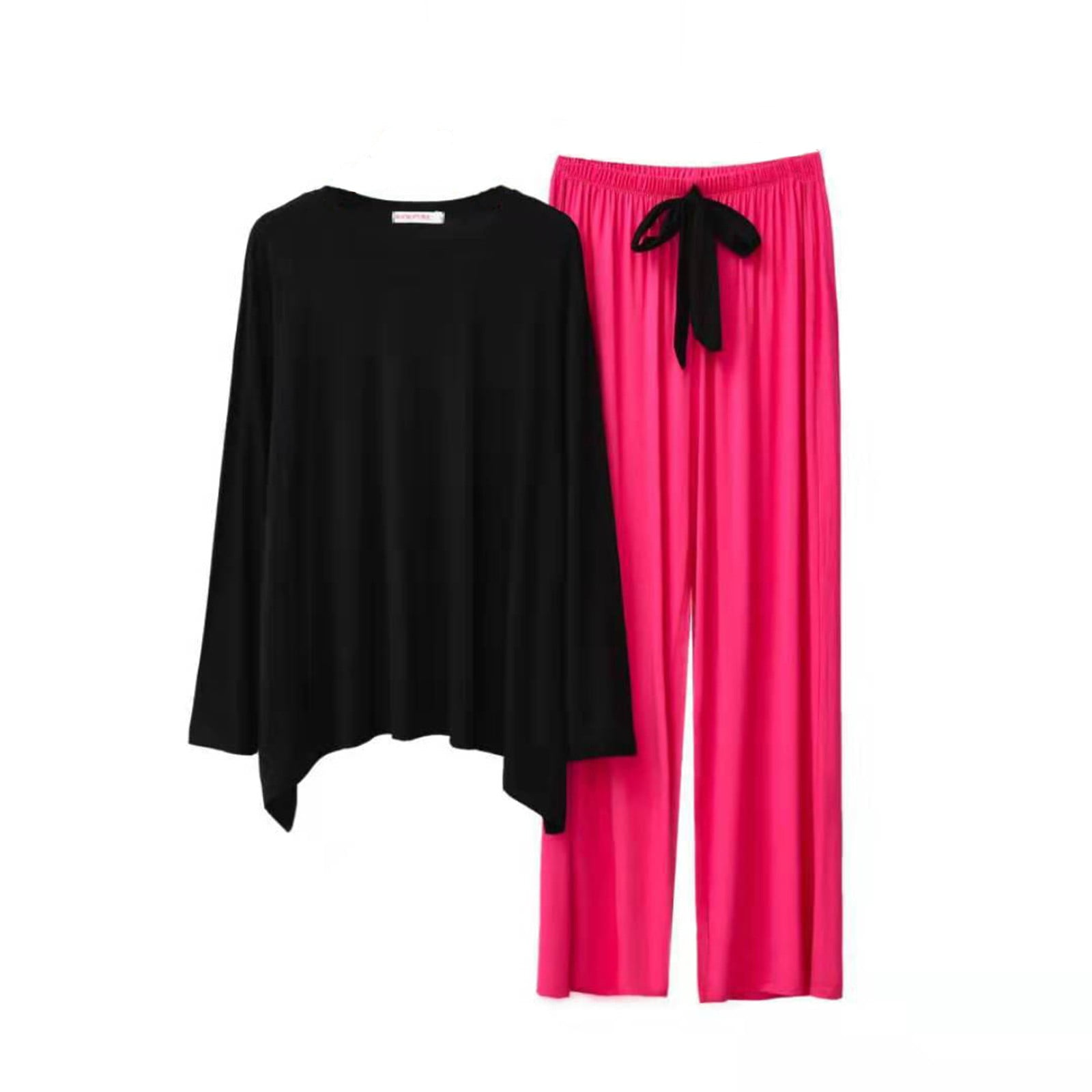 cfhntfmh Two Piece Pjs Outfits for Women Round Neck Long Sleeve Top ...