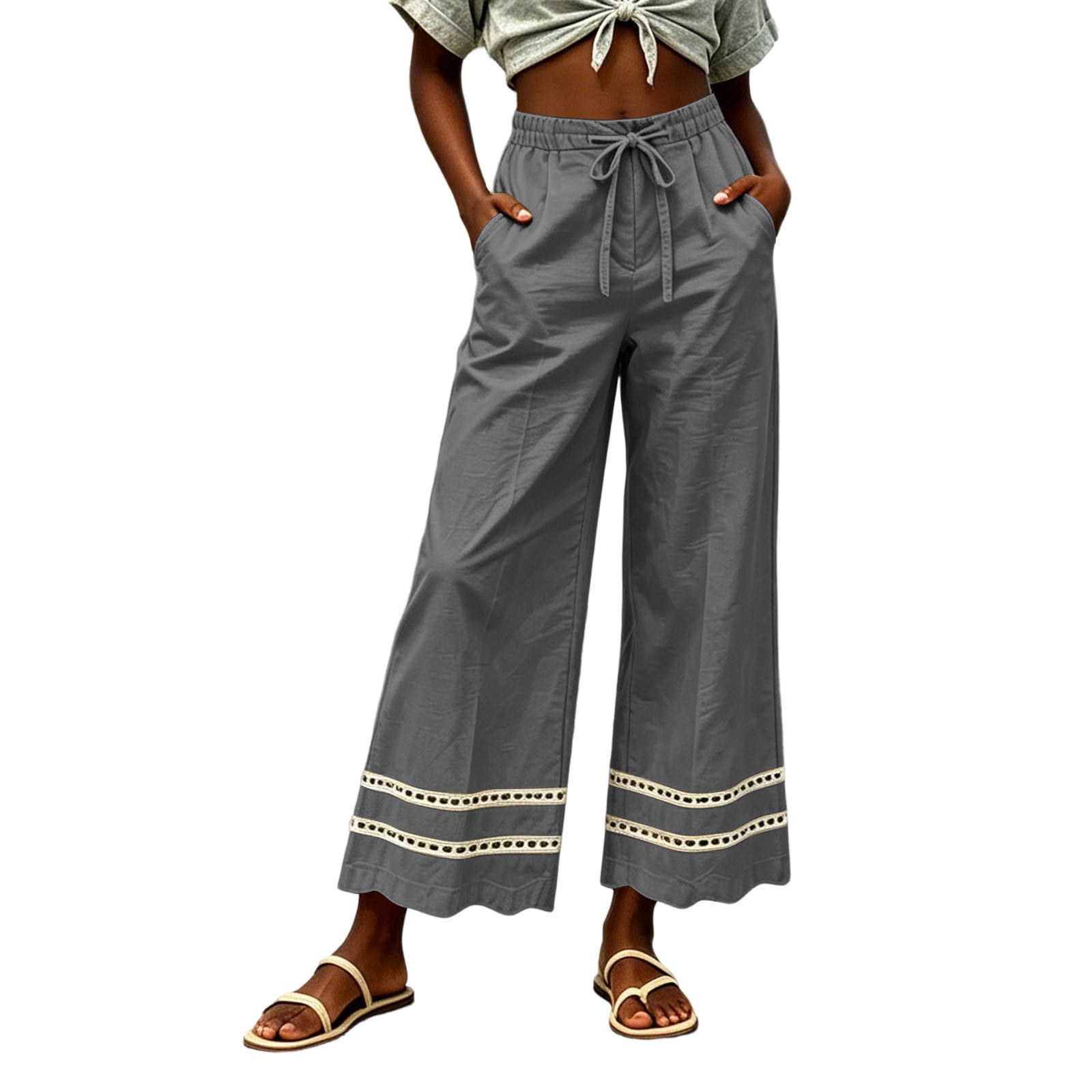 cfhntfmh Wide Leg Pants for Women Casual Elastic Waist Drawstring Beach ...