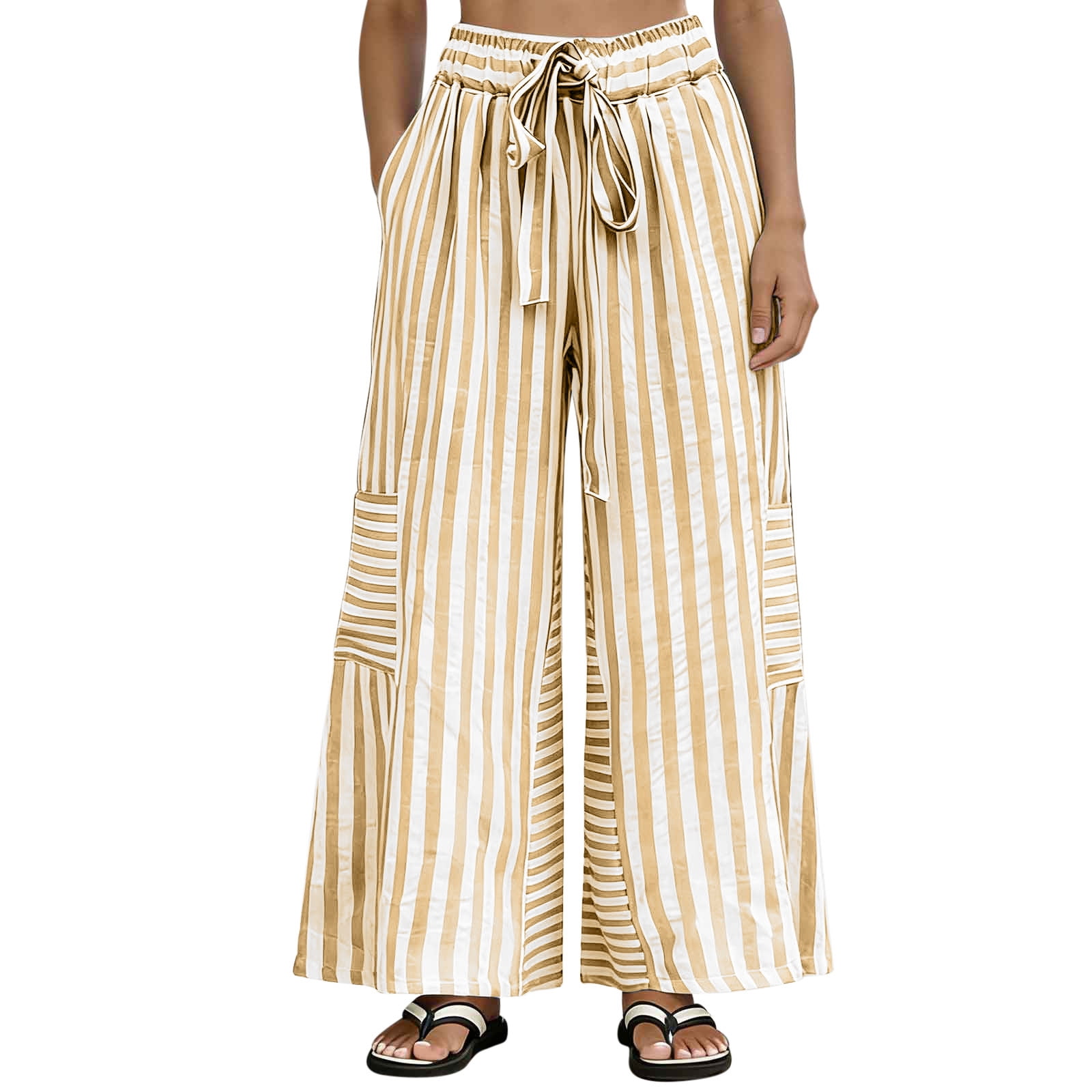 cfhntfmh Wide Leg Pants for Women Striped Palazzo Pants with Pockets ...