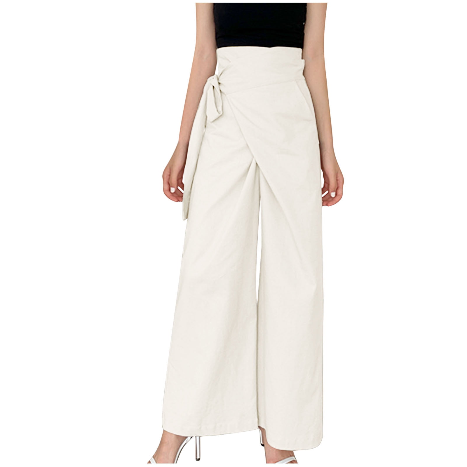 cfhntfmh Wide Leg Pants for Women Trendy High Waist Cotton Linen Wrap ...