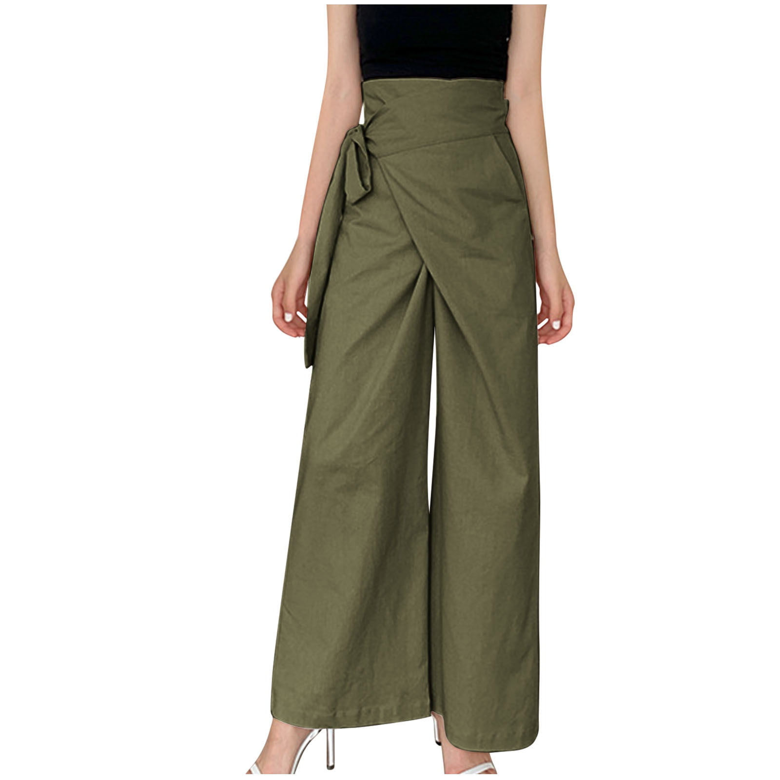 cfhntfmh Wide Leg Pants for Women Trendy High Waist Cotton Linen Wrap ...