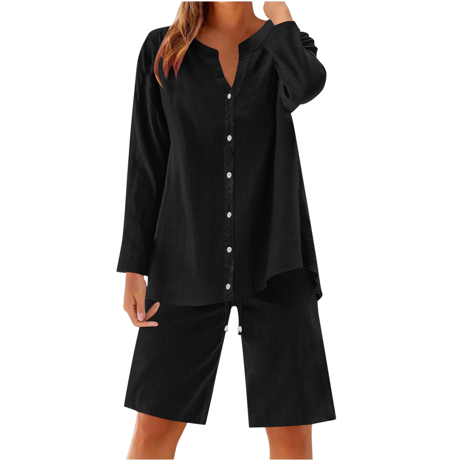 cfhntfmh Women 2 Piece Linen Sets Lounge Sets Long Sleeve Button down ...