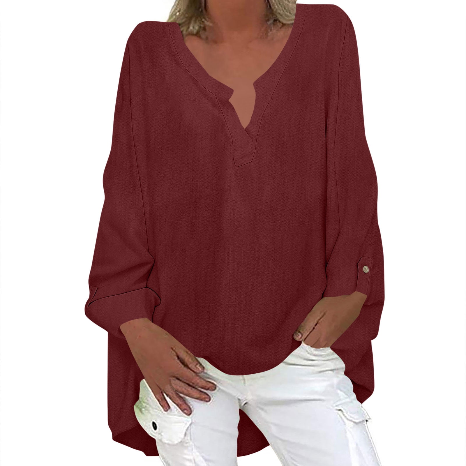 cfhntfmh Women Casual Linen Blouses Oversized V Neck Long Sleeve ...