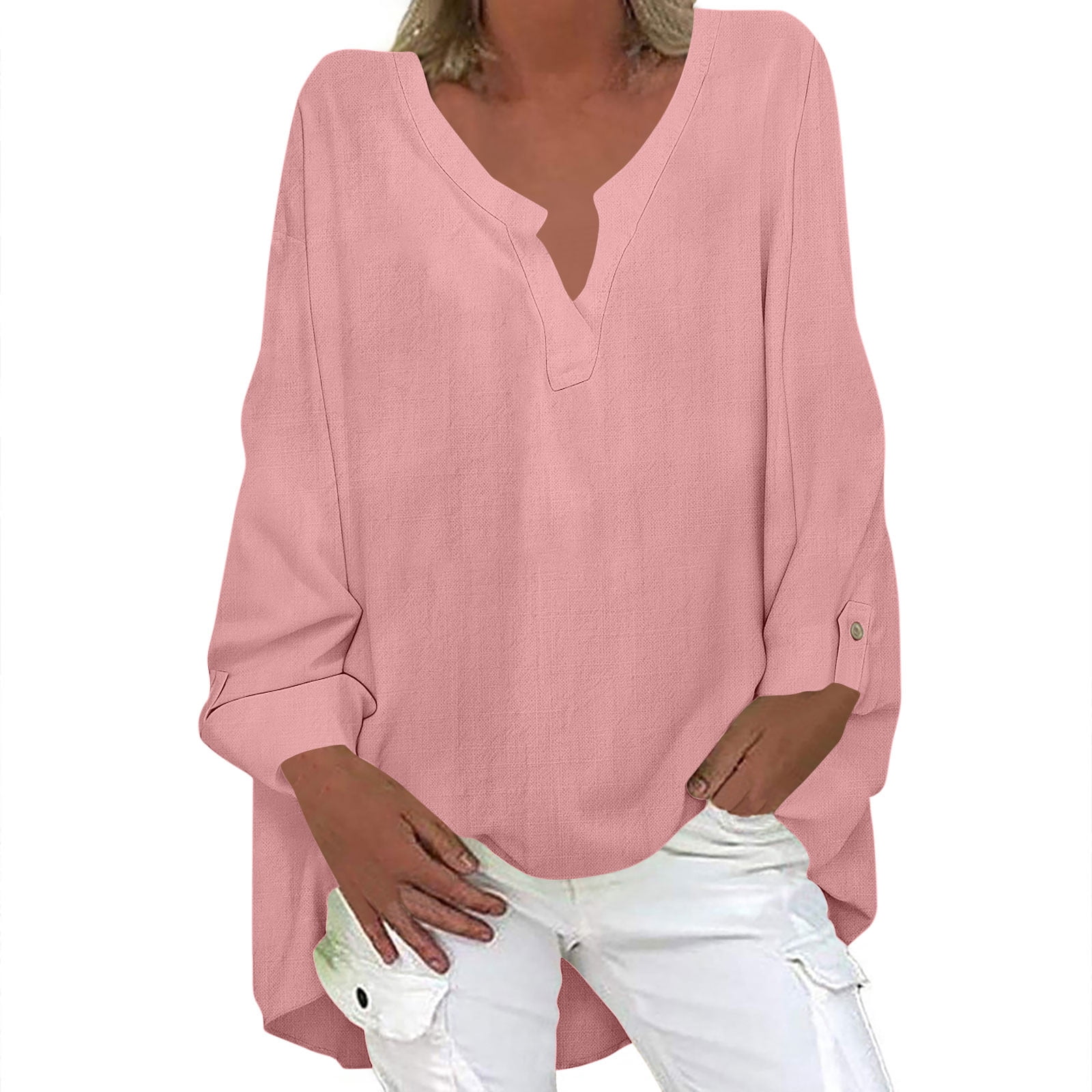 cfhntfmh Women Casual Linen Blouses Oversized V Neck Long Sleeve ...