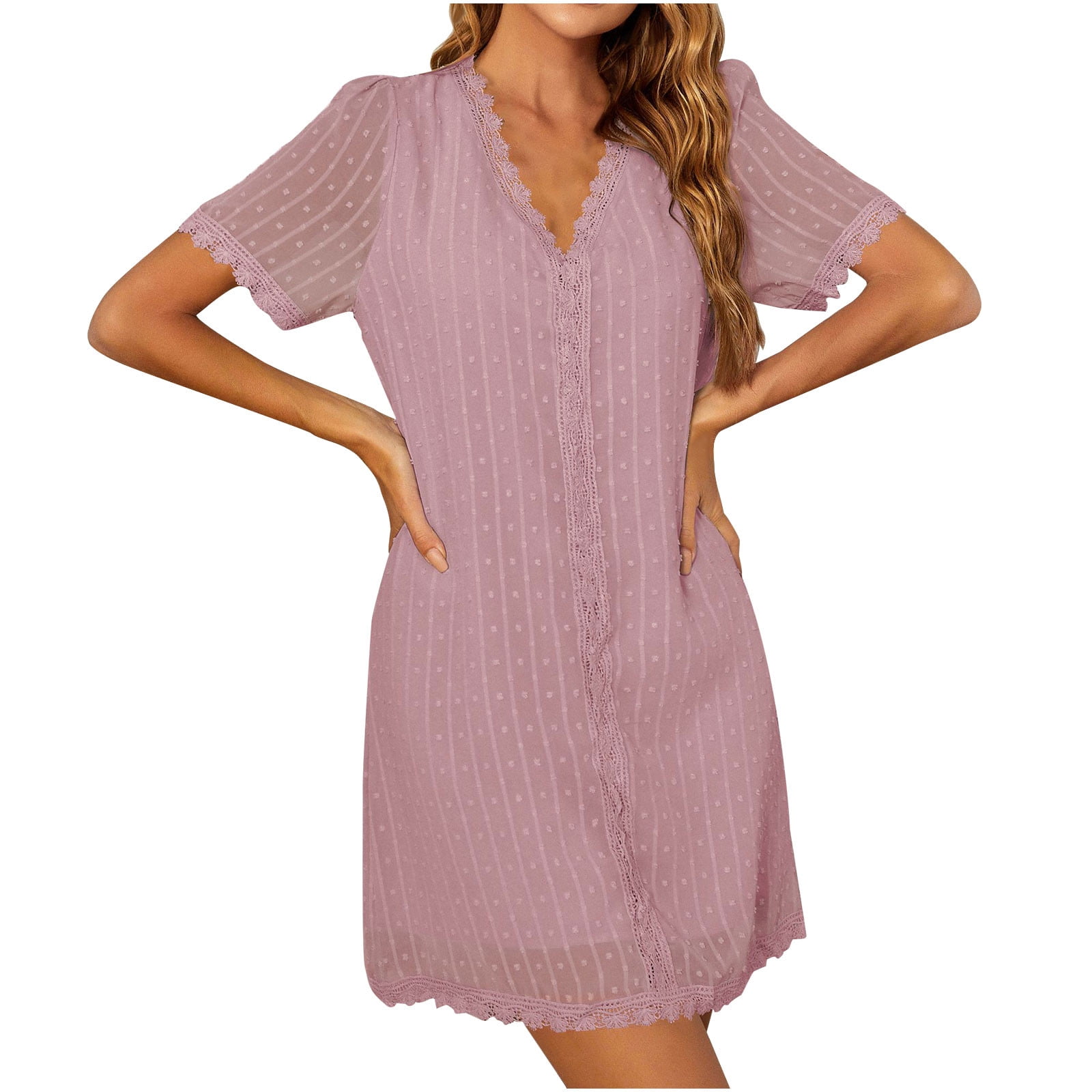 cfhntfmh Women Dresses 2024 Casual Short Sleeve V Neck Mini Dress Lace ...