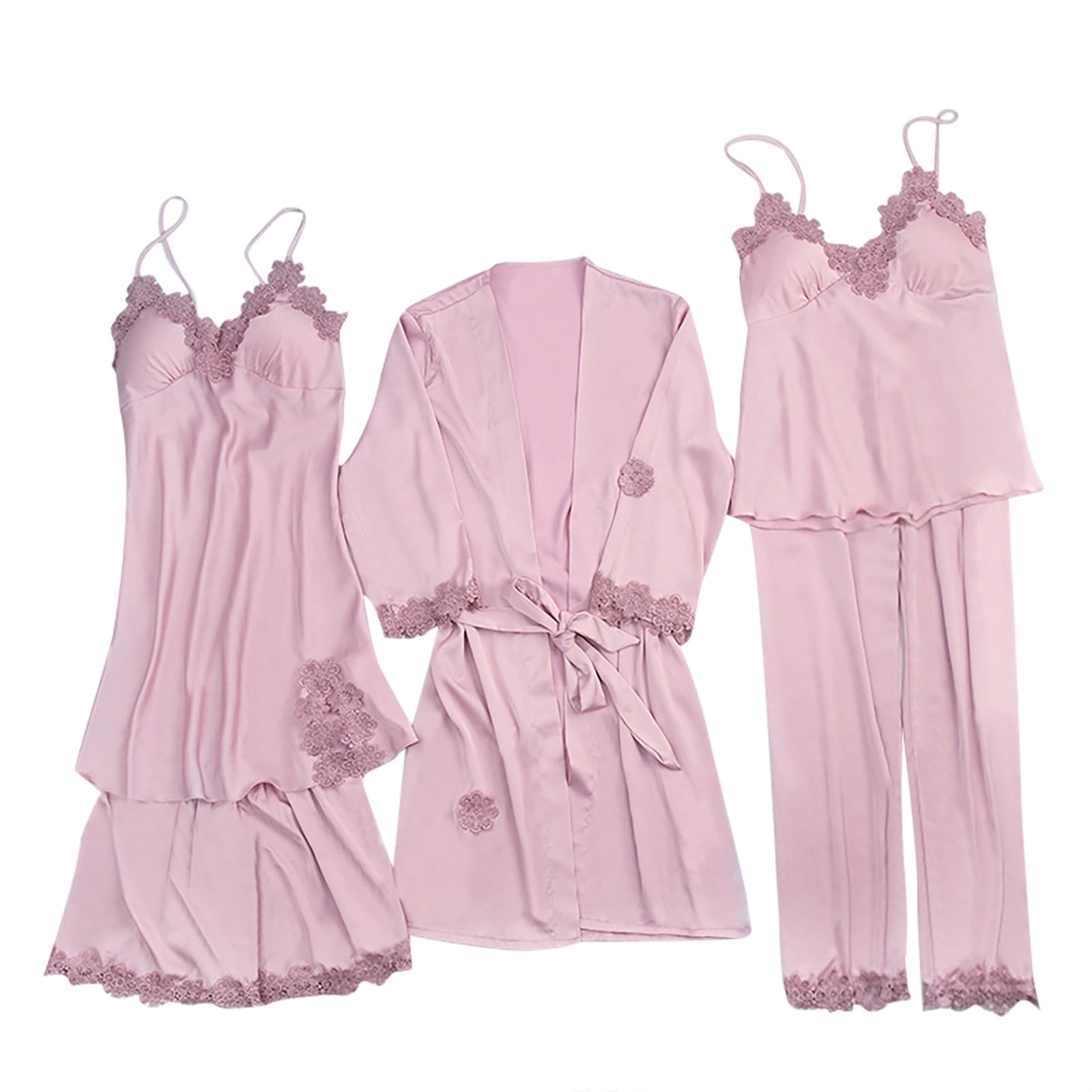 cfhntfmh Women's 5 Piece Sleepwear Solid Floral Lace Trim Satin Cami ...