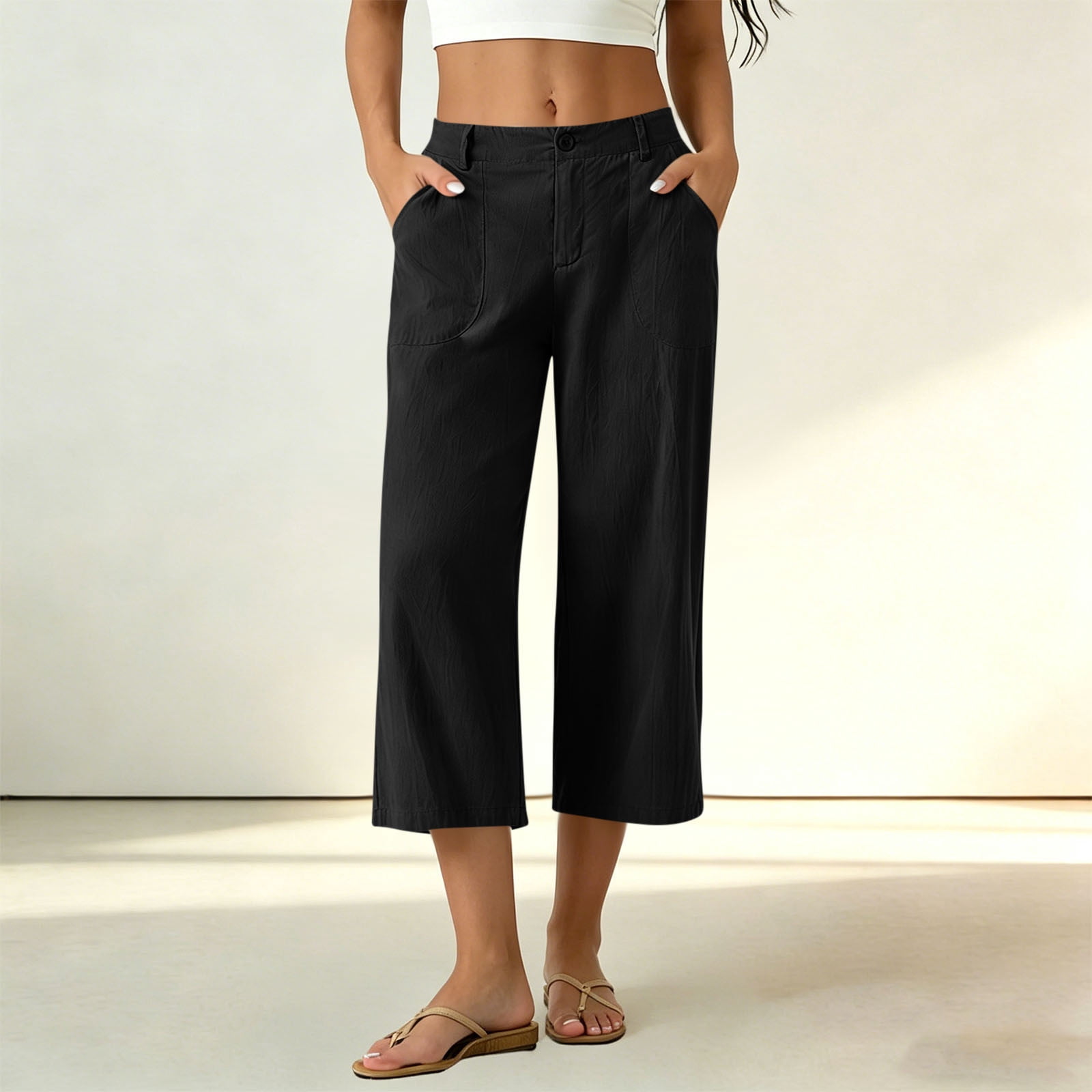 cfhntfmh Women's Capri Pants Summer Wide Leg Loose Fit Pants Casual ...