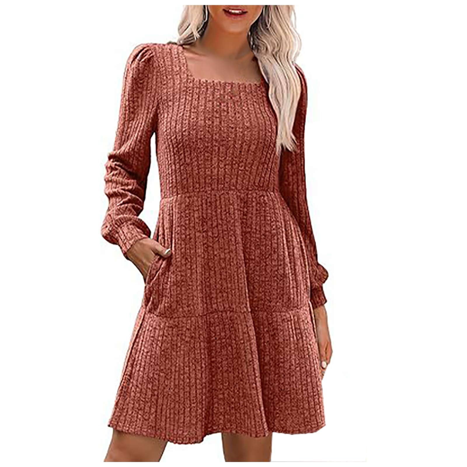 cfhntfmh Women's Casual Dresses Fashion Square Neck Long Sleeve Flowy ...
