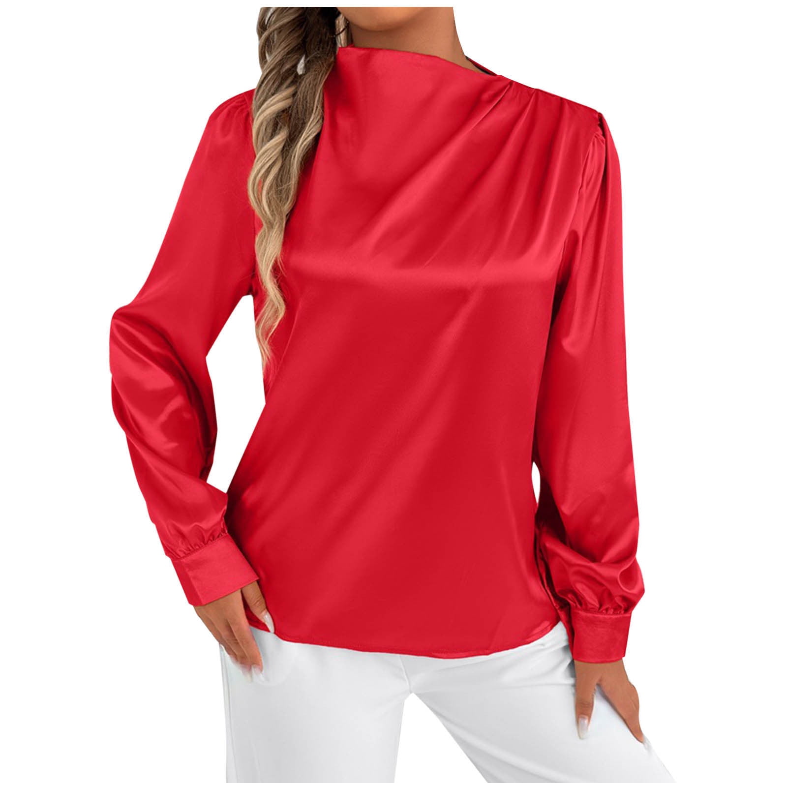 cfhntfmh Women's Casual Satin Blouse Business Dressy Pleated Long ...