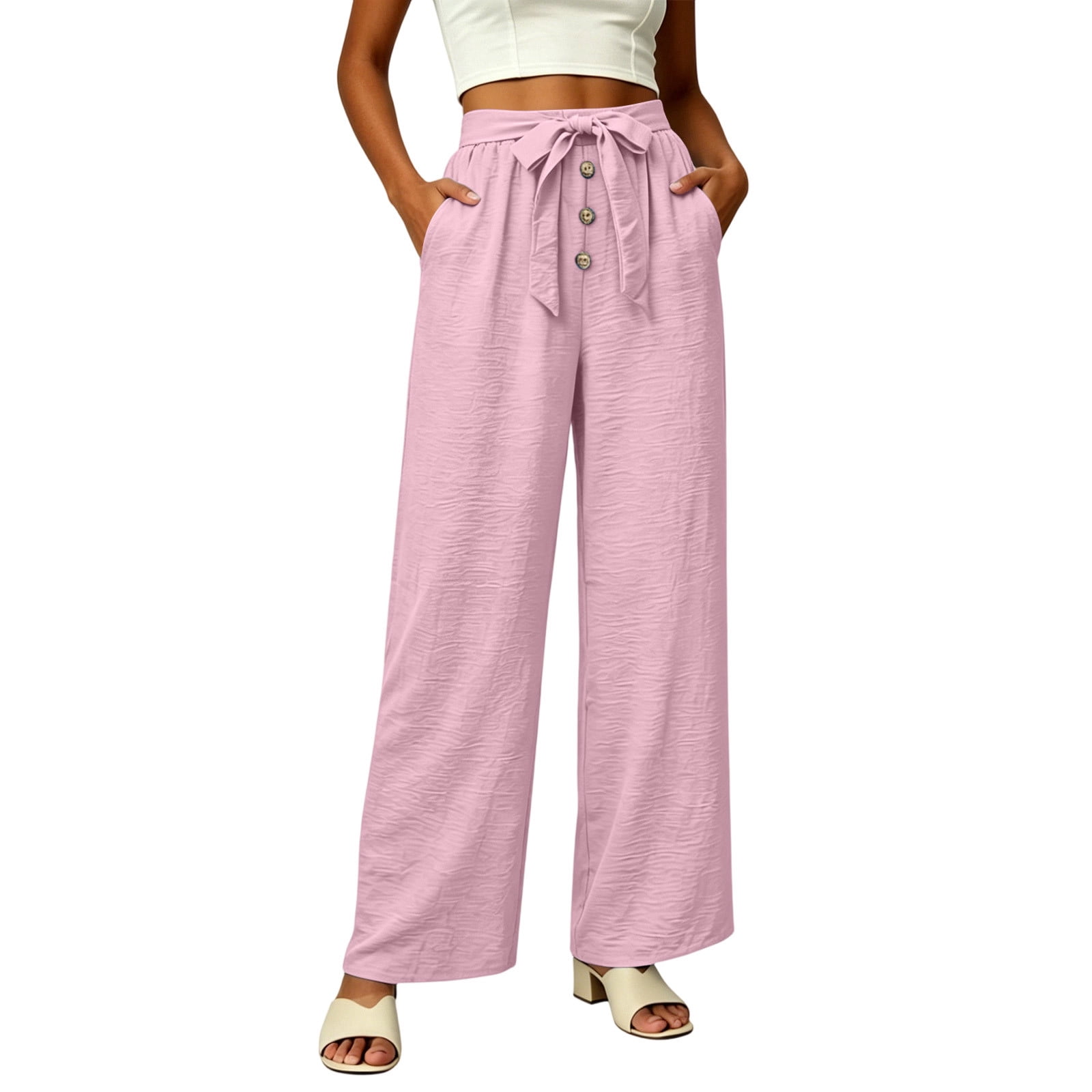 cfhntfmh Women's Cotton Linen Pants Summer Wide Leg Loose Pants Bow Tie ...