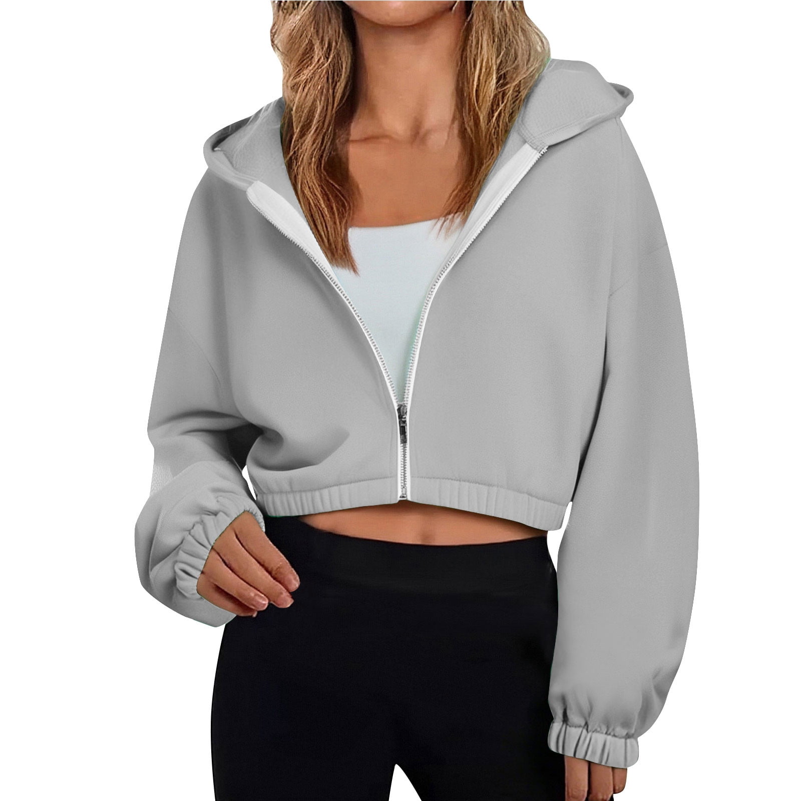 cfhntfmh Women's Cropped Zip up Hoodies Long Sleeve Hooded Workout ...