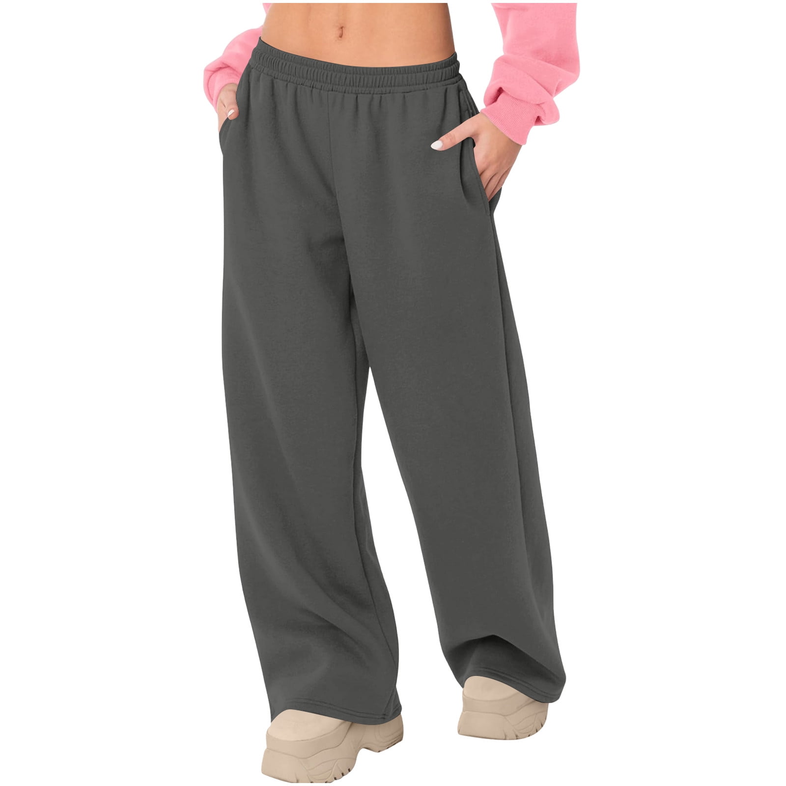 cfhntfmh Women's Fleece Lined Sweatpants with Pockets Winter Warm Wide ...