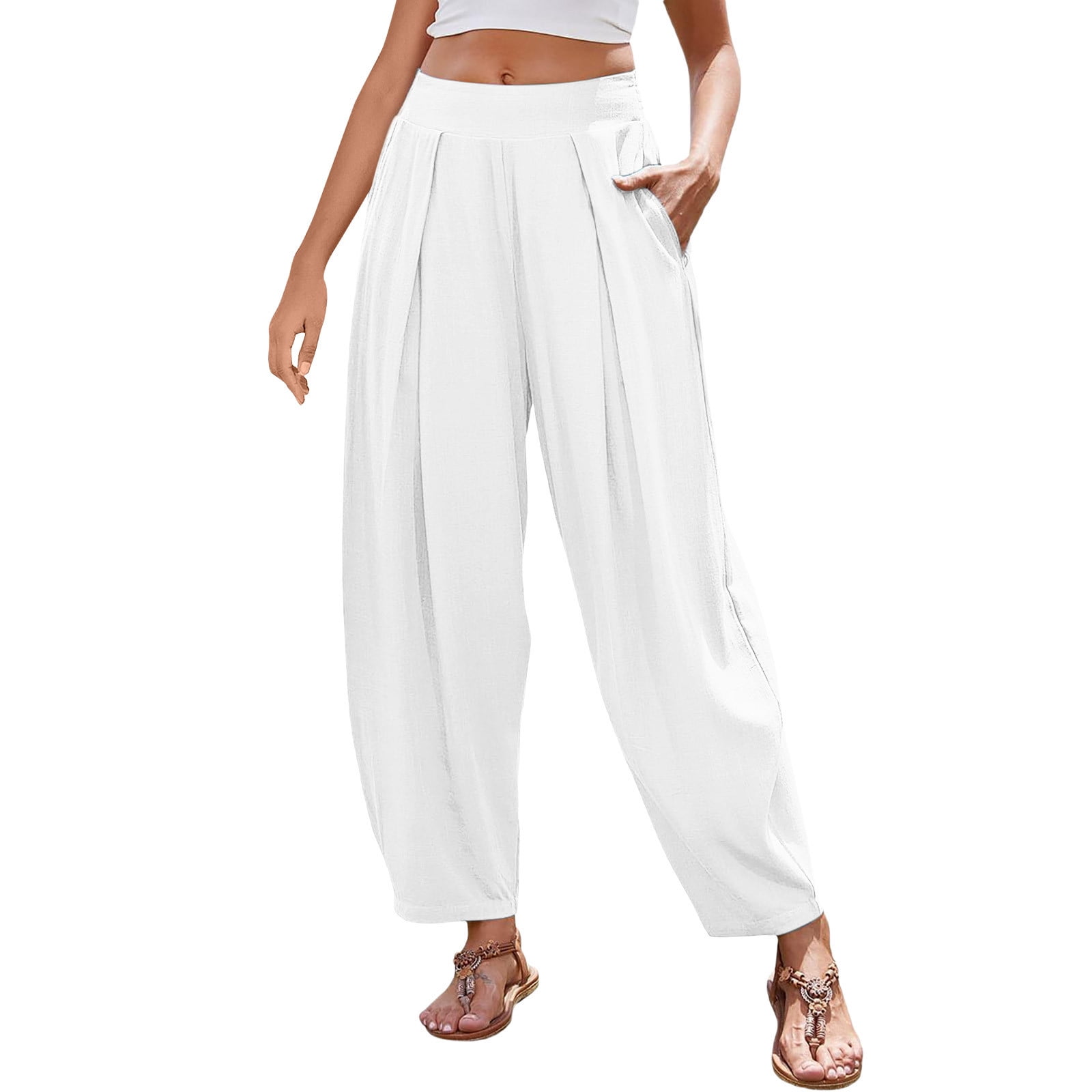 cfhntfmh Women's Flowy Pants Elastic Waist Wide Leg Palazzo Beach Pants ...